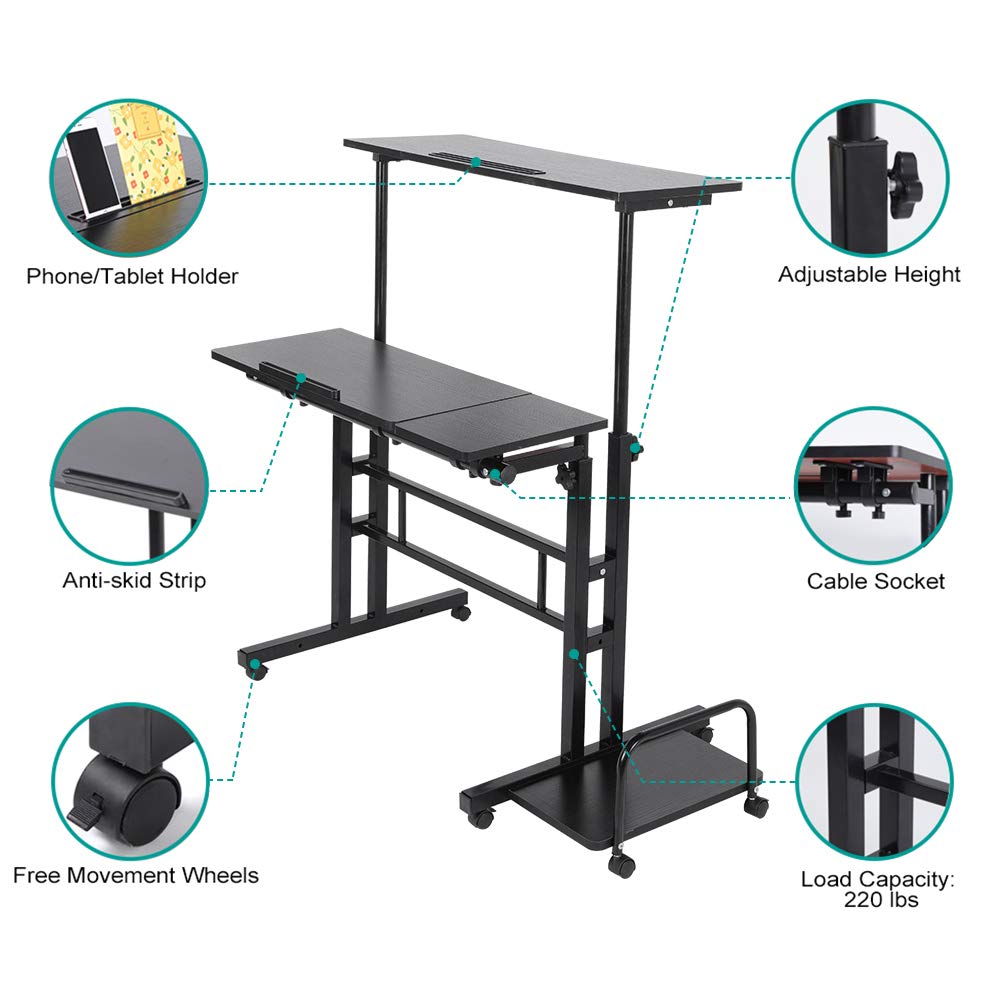 Ejoyous Height Adjustable Standing Desk, Mobile Computer Cart Sit-to-Stand up Laptop Table Workstation with Lockable Rolling Wheels for Home Office Small Places