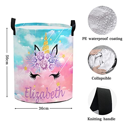 Unicorn Laundry Basket Personalized Laundry Hamper Custom with Name for Girl Rainbow Collapsible Waterproof Storage Basket with Handles (Option 15)
