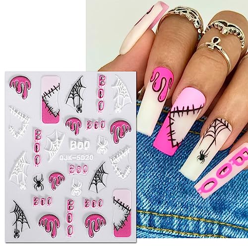JMEOWIO 3D Embossed Halloween Nail Art Stickers Decals Self-Adhesive Pegatinas Uñas Pink 5D Skull Cute Ghost Spider Web Spook Nail Supplies Nail Art Design Decoration Accessories 4 Sheets