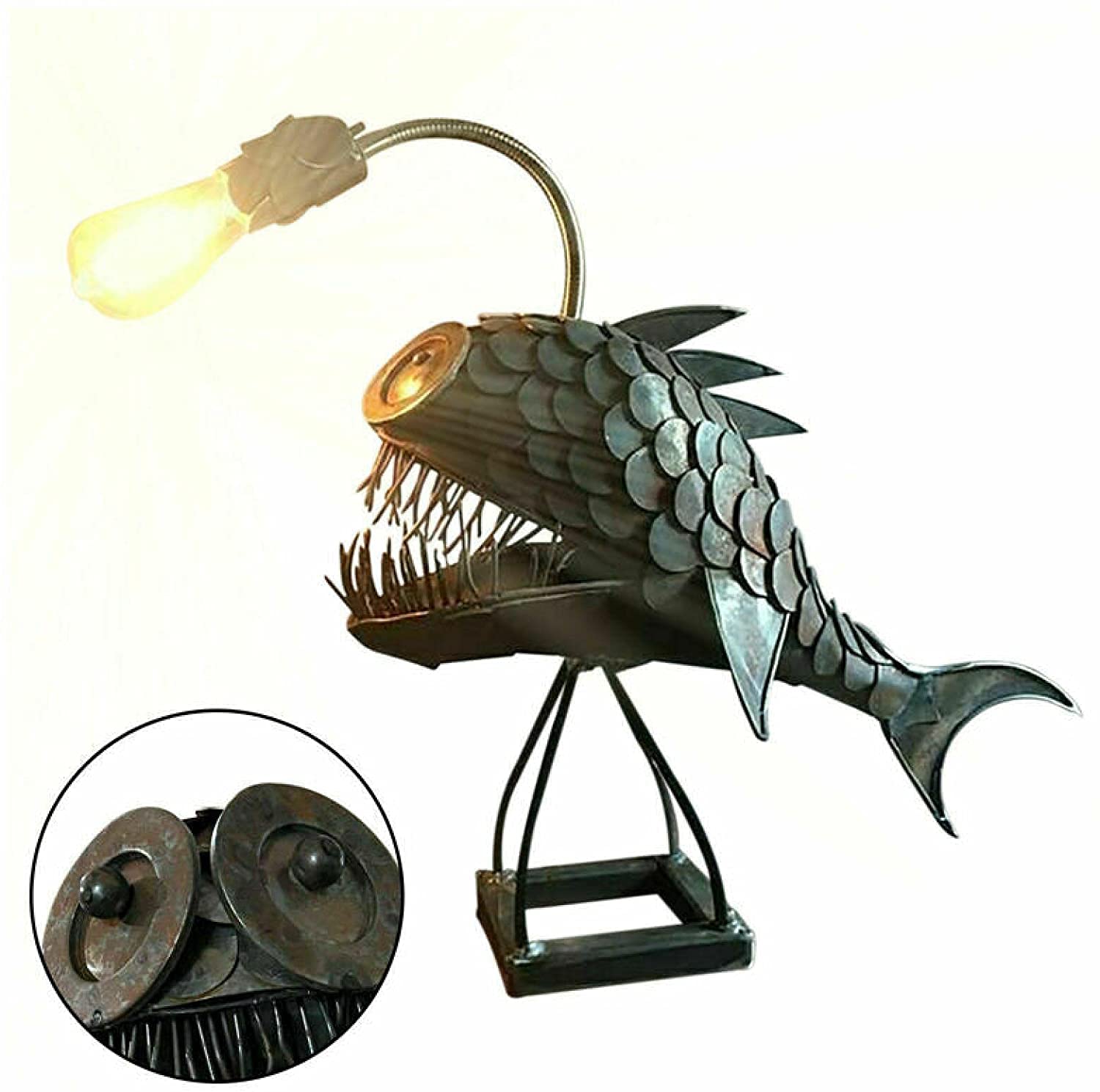 Creative Rustic USB Angler Fish Lamp Shark Lamp Handmade Unique Lamp LED Light,Floor-Standing USB Interface Retro Art Table Lamps (Large)