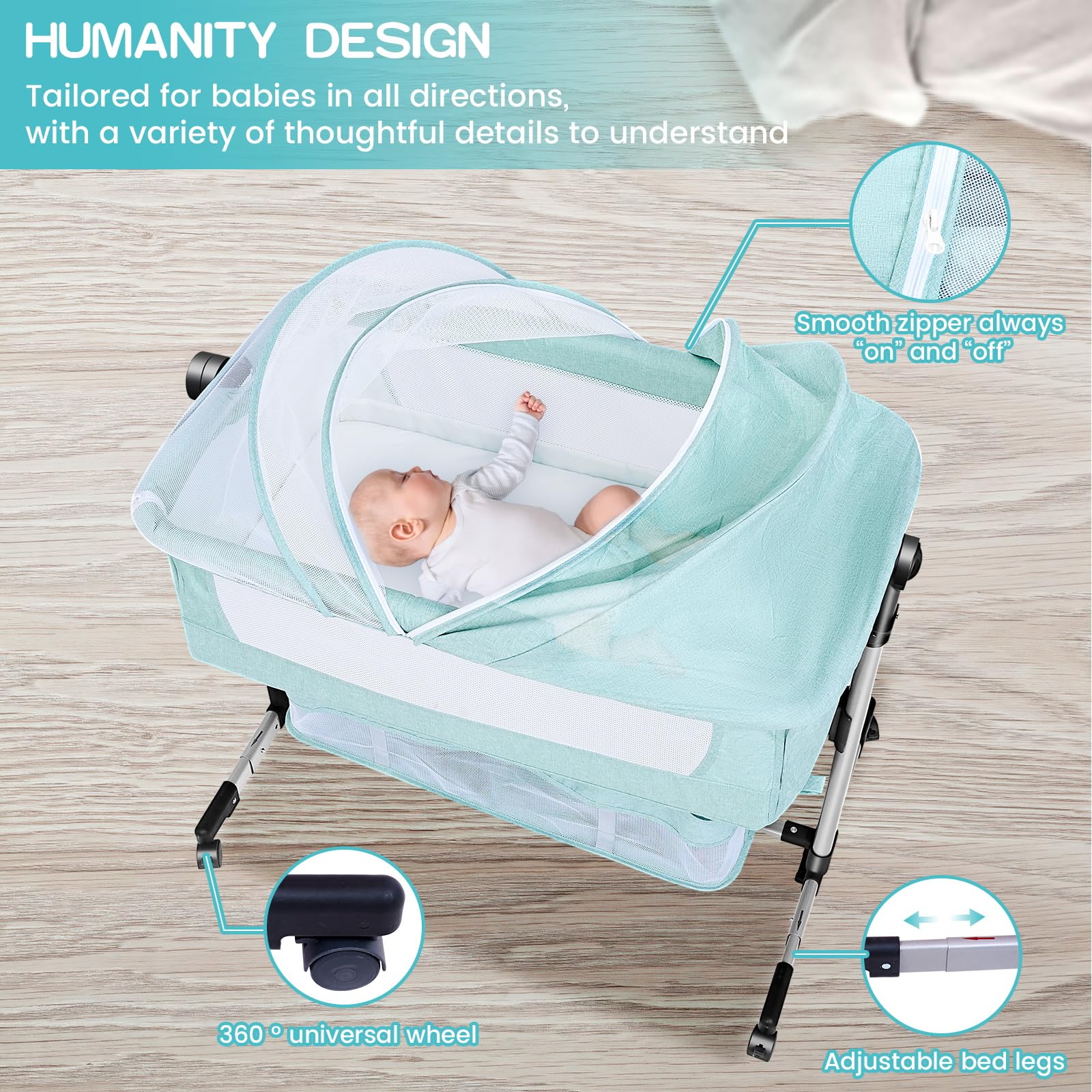 Eliantte Baby Bassinet Bedside Sleeper with Mosquito Net, Adjustable Bedside Crib with Storage, Converts to Cradle and Cosleeper, Portable, Easy Folding, Pink