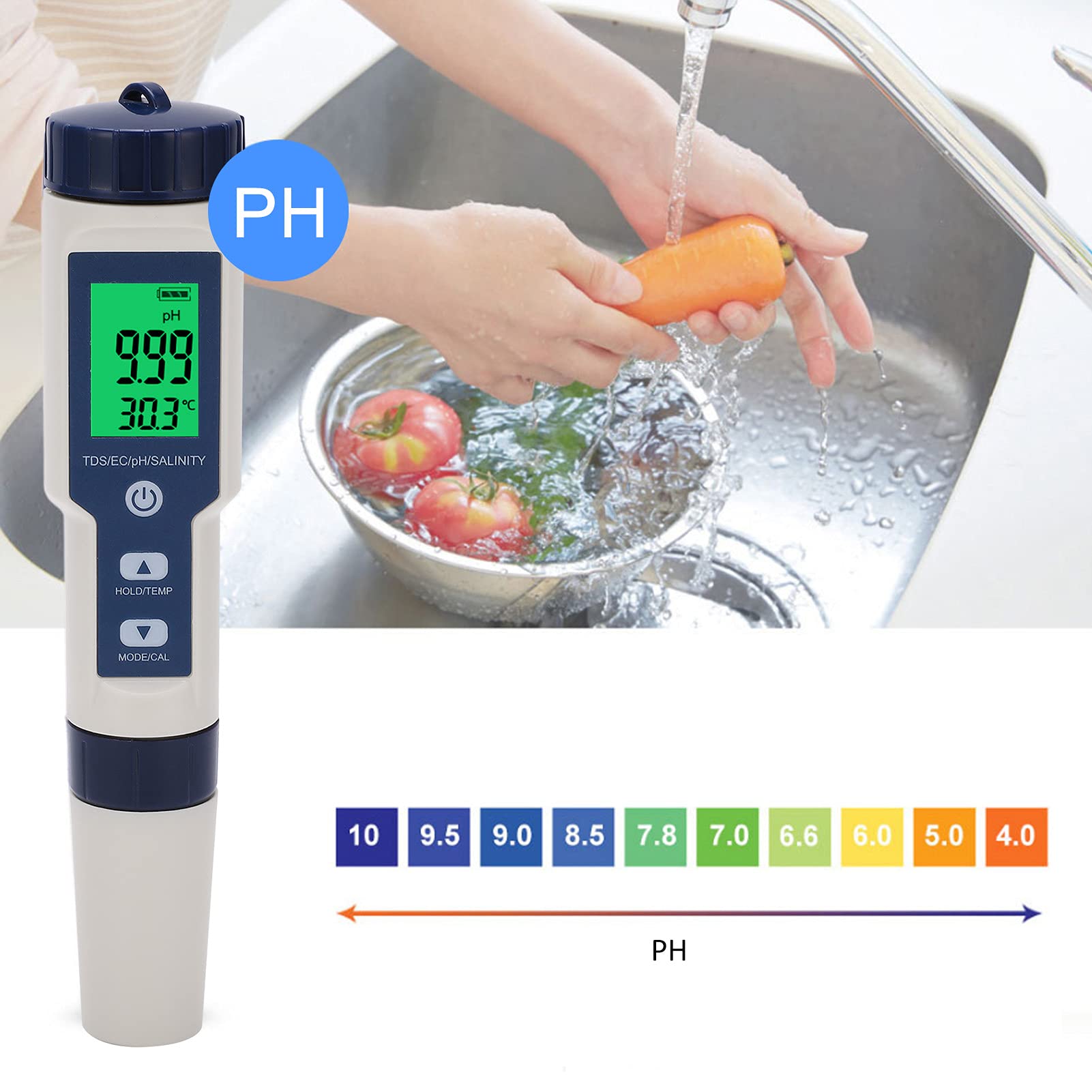Zyyini EZ‑9909SP 5 in 1 Water Quality Test Pen for pH, EC, TDS, Salinity and Temperature IP 67 Waterproof and dustproof Automatic Recognition