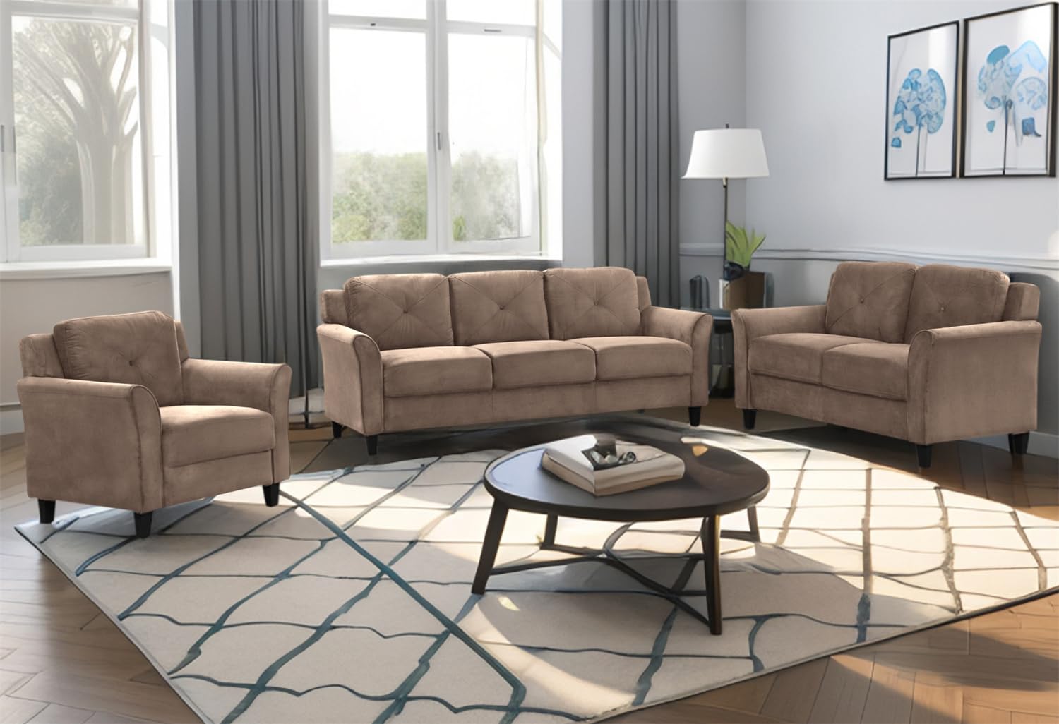 Harper & Bright Designs 3-Pieces Living Room Sofa Set with 3-Seat Couch, 2-Seat Loveseat, Single Sofa Chair, Modern Polyester Upholstered Sofa for Living Room, Office, Antique Black