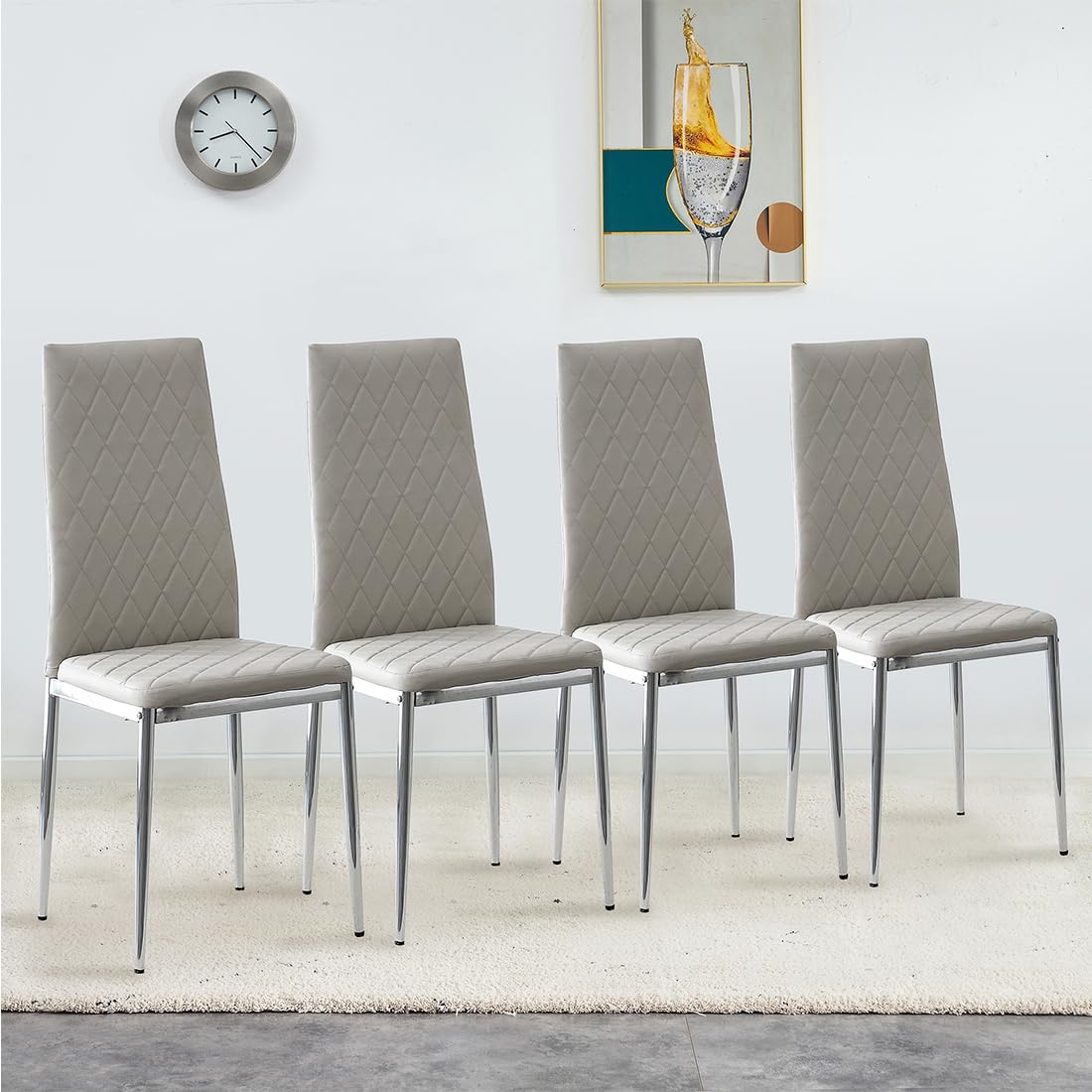 Dining Chairs Set of 4, Modern Mid Century Dining Chairs, Upholstered High Back Side Chairs with Grid Shaped Design & Metal Legs for restaurants/living rooms/kitchens and offices (Light Gray)