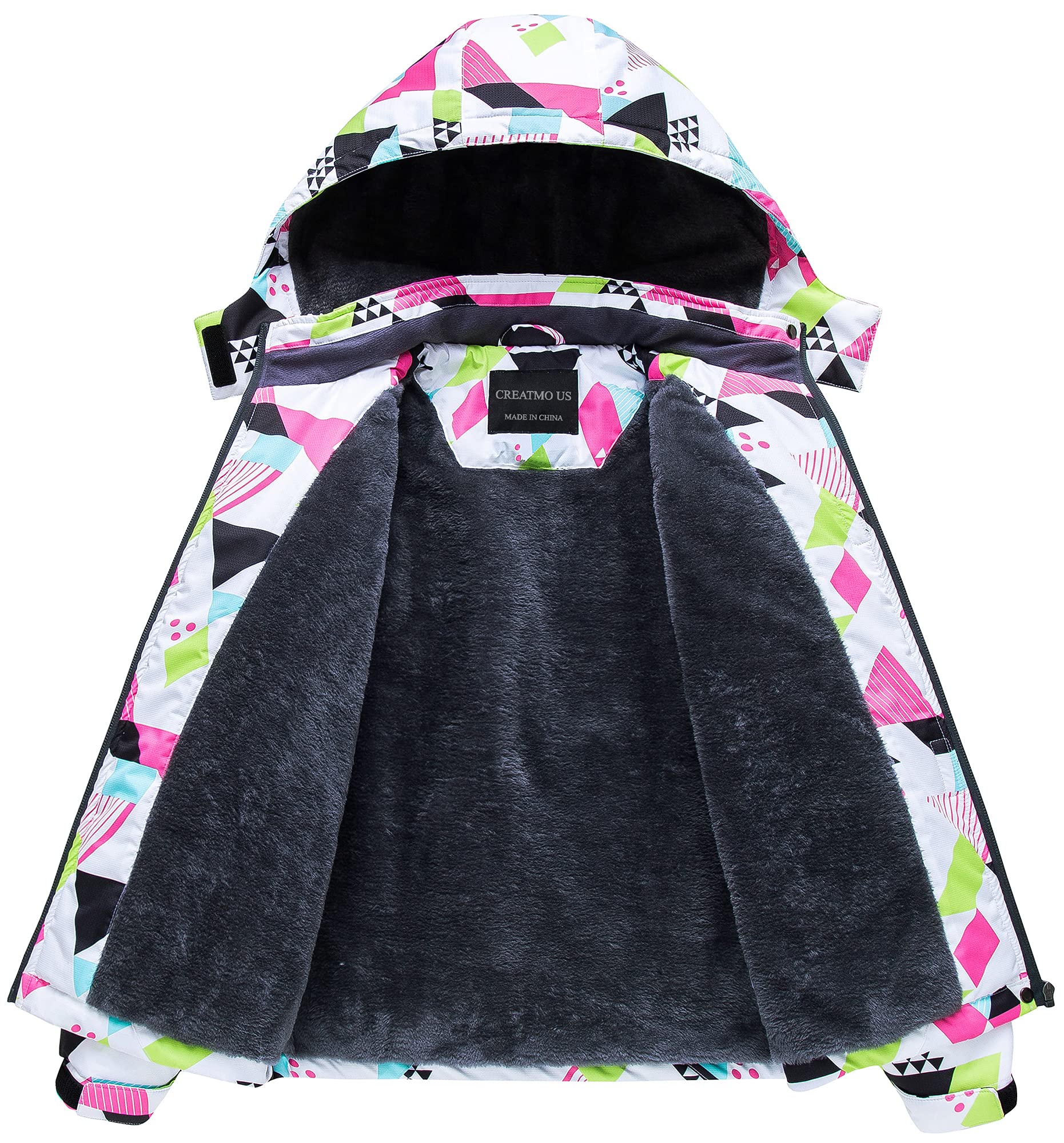 CREATMO US Girl's Waterproof Winter Snow Coat Hooded Windproof Ski Fleece Jacket Geometry 14/16