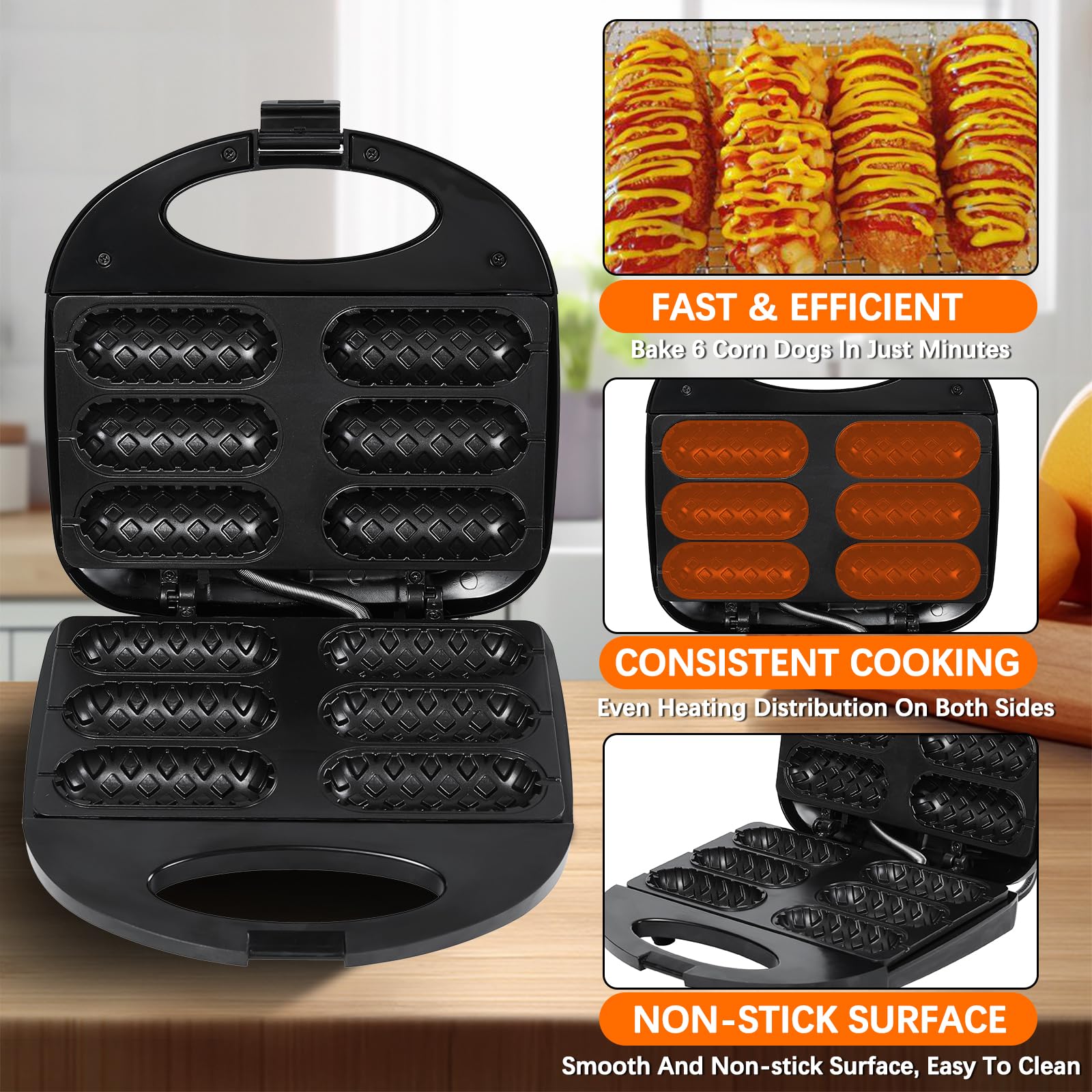 Ht Viik Corn Dog Maker,Hot Dog Waffle Machine,Bake 6 Corn Dogs,Double-sided heating, Non-stick Surface,For Commercial or Family Use,Maker Breakfast, Snacks,Easy to Clean