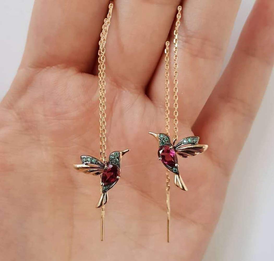 Cuteshop Gold Hummingbird Threader Earrings Hoop Earrings-Elegant Rhinestone Hummingbird Long Chain Dangle Drop Earrings for Women Girls (Red)