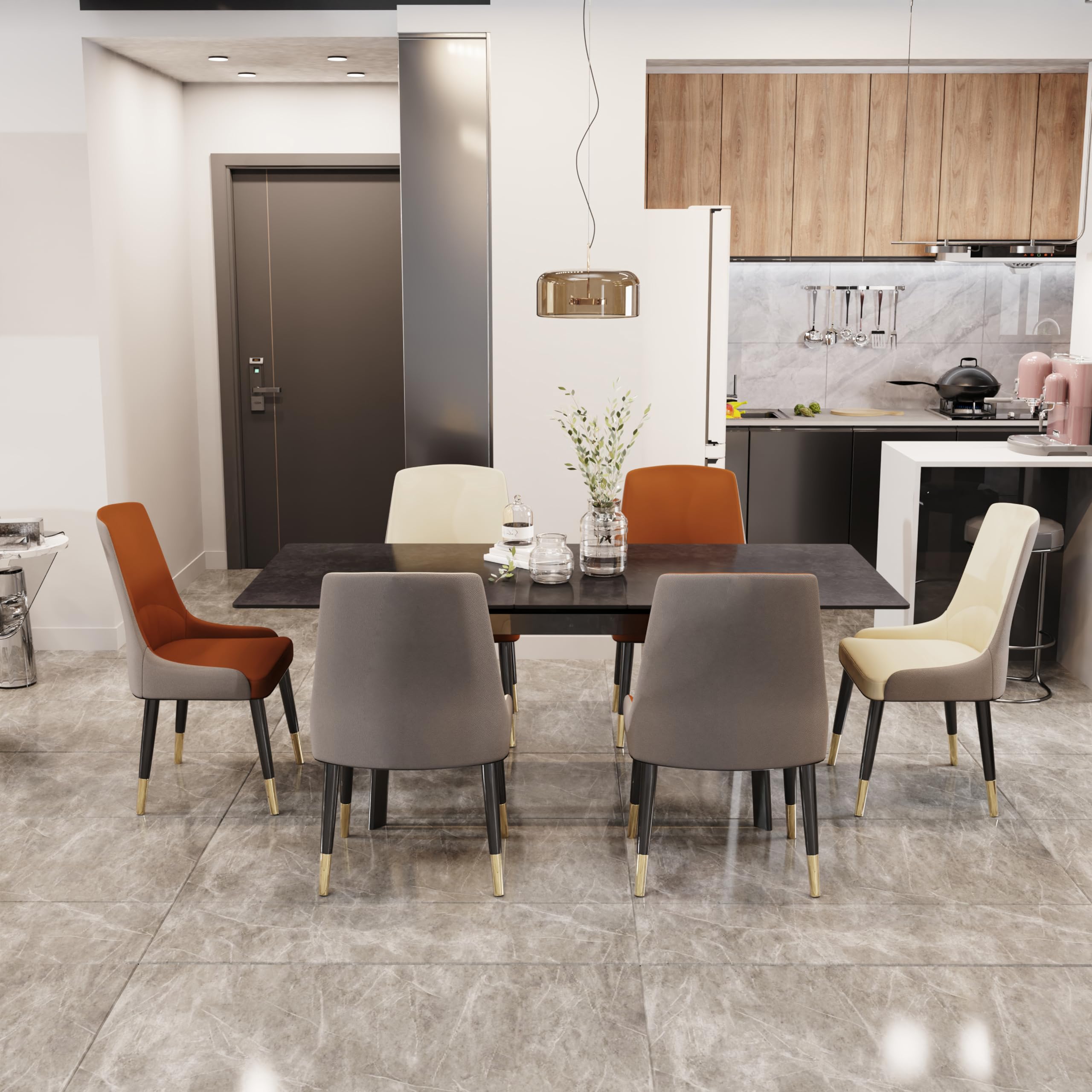 Dining Chairs Set of 2: Faux Leather Upholstered Modern Chair with Backrest - Armless Accent Chairs with Metal Legs for Kitchen Living Room Bedroom (Orange+Grey)