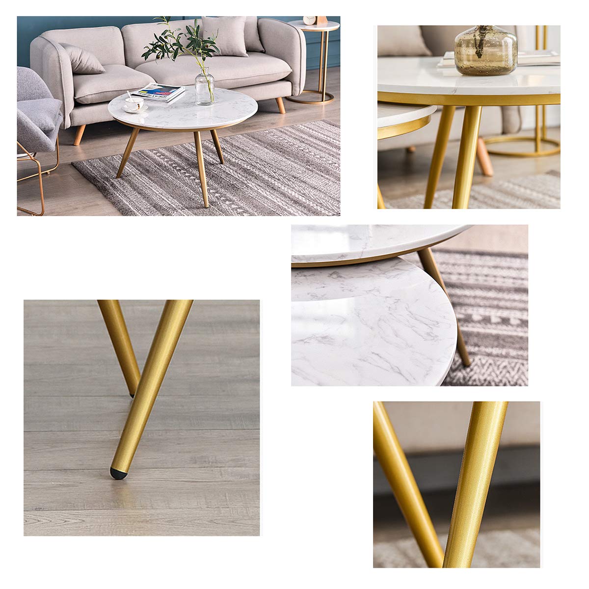 EKR Real Marble Coffee Table Gold Modern Accent Table Round Nesting Table Contemporary Desk Living Room Home Decor (Ø 27.56 inches/Height 17.1 inches Big Size)