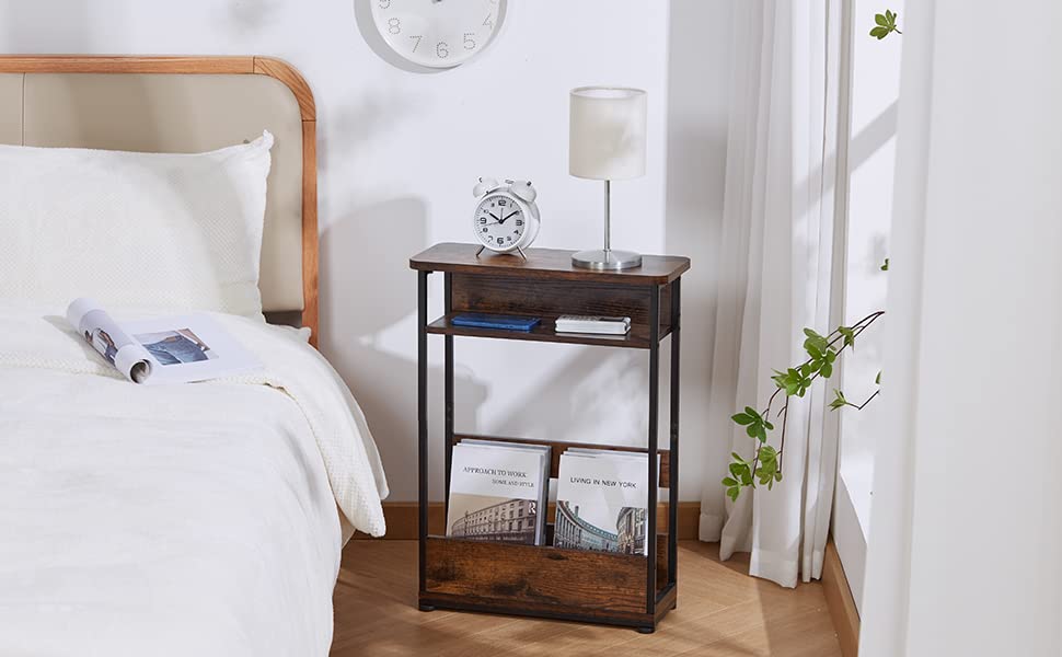 Vintage Narrow Side Table with Storage Shelf, 3 Tier Slim End Table Modern Sofa Table for Narrow and Small Spaces, 24.6 Inch Height Bedside Table Small Nightstand with Magazine Rack Space Saving