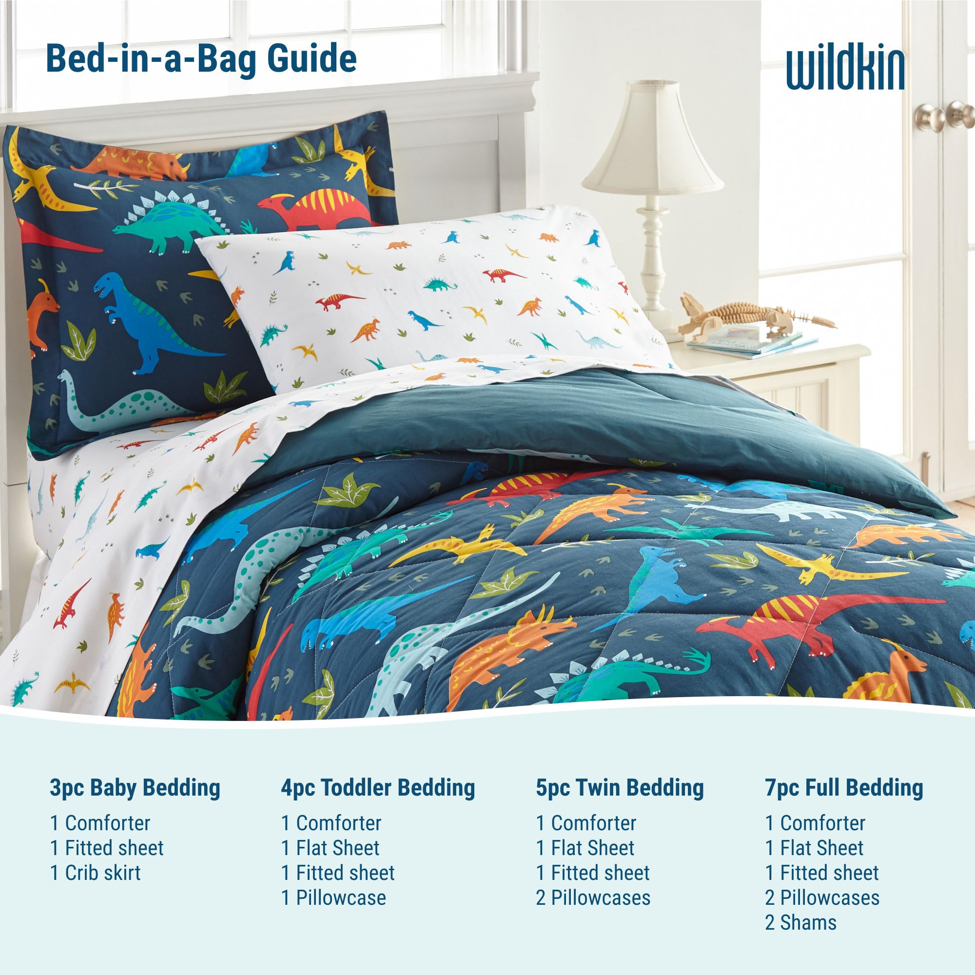 Wildkin 100% Cotton 5 Piece Twin Bed-in-A-Bag for Boys & Girls, Bedding Set Includes Comforter, Flat Sheet, Fitted Sheet, Pillowcase & Sham, Bed Set for Cozy Cuddles (Jurassic Dinosaurs)