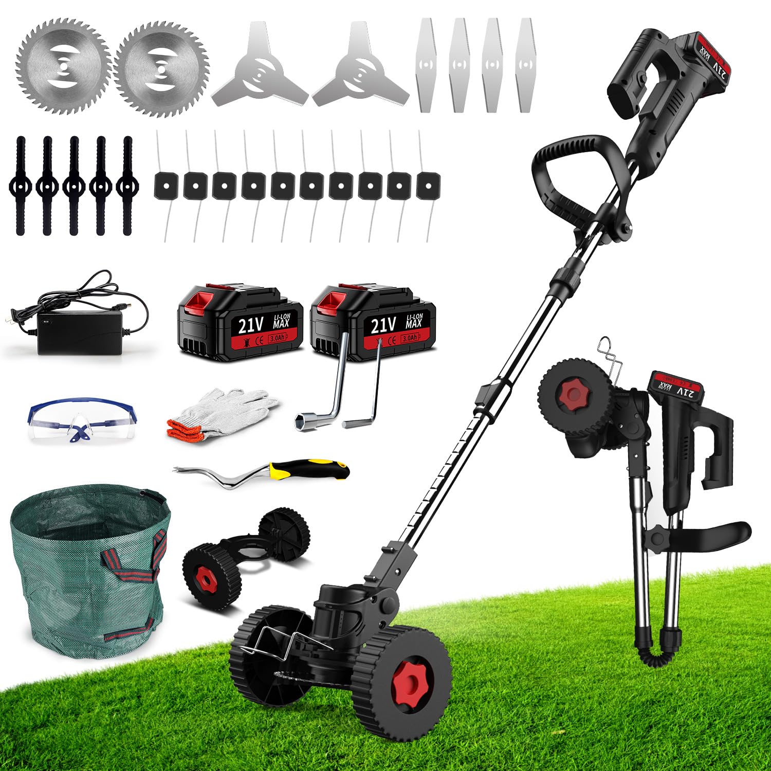 Cordless Lawn Trimmer Weed Wacker - 21V Lawn Mower Grass Edger with 3.0Ah Li-Ion Battery Powered & 3 Cutting Blade Types, Compact Power Tool for Lawn Yard Work…