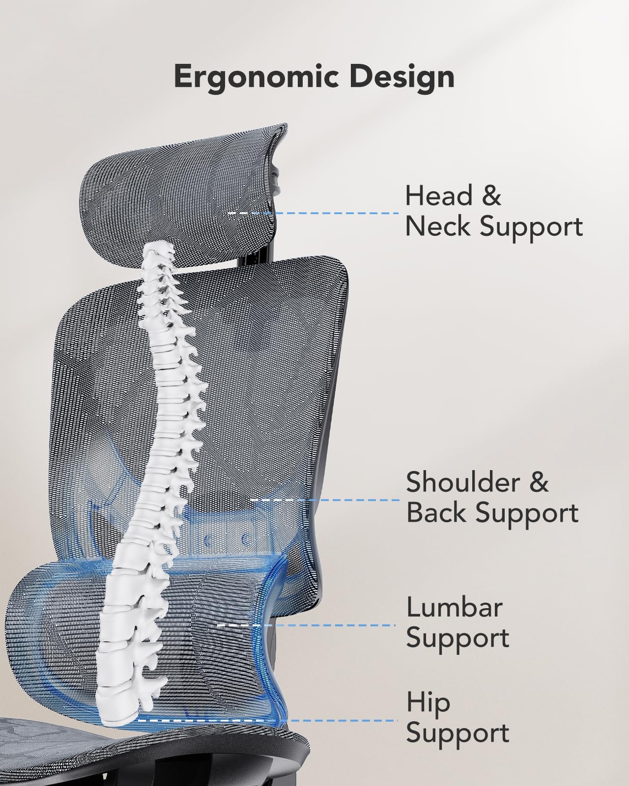 HUANUO Ergonomic Mesh Office Chair, High Back Desk Chair with 5-Level Lumbar Support, Adjustable Headrest, Armrests, Rocking Tilt, Computer Mesh Chair for Home Office Gaming