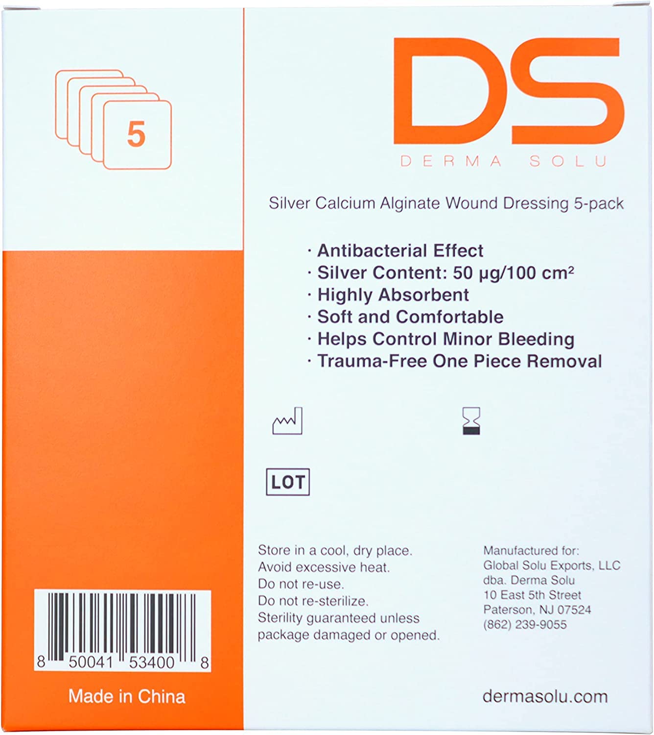 DERMA SOLU 4” x 4” Silver Calcium Alginate Wound Dressing Alginate w/Silver Sterile (4" x 4" (5 Dressings))