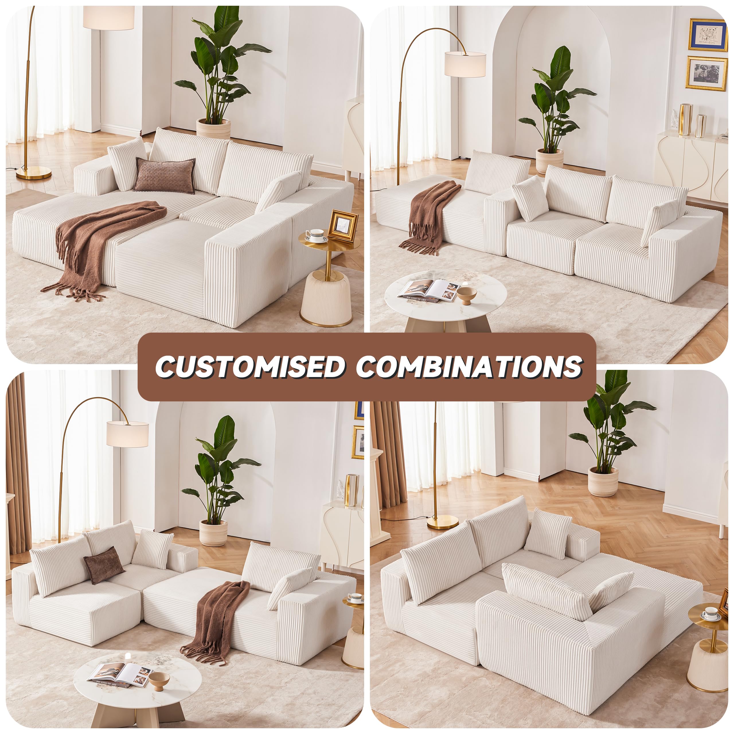 Huatean Home 108” Modular Sectional Sofa, Sponge Sectional Sofa Couch for Living Room, Modular L-Shape Sofa Couch with Chaise, Beige
