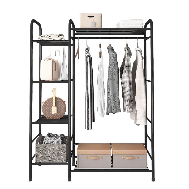 Nyehiret Metal Free-Standing Garment Rack,Storage Organizer for Bedroom Clothes Garment Rack with Shelves,Hanging Rod and Storage Box, Black