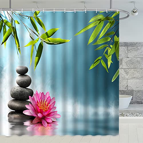 NYJSMYG Spa Shower Curtains Lotus Green Bamboo Leaf Flower and Basalt Stones Bathroom Polyester Fabric Decor Hanging Cloth Curtain Sets 70 x 70 Inch with Hooks