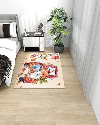 Thanksgiving Fall Large Rectangular Area Rugs 5' x 7' Living Room, Durable Non Slip Rug Carpet Floor Mat for Bedroom Bedside Outdoor Farmhouse Red Truck Pumpkin Leaves Autumn