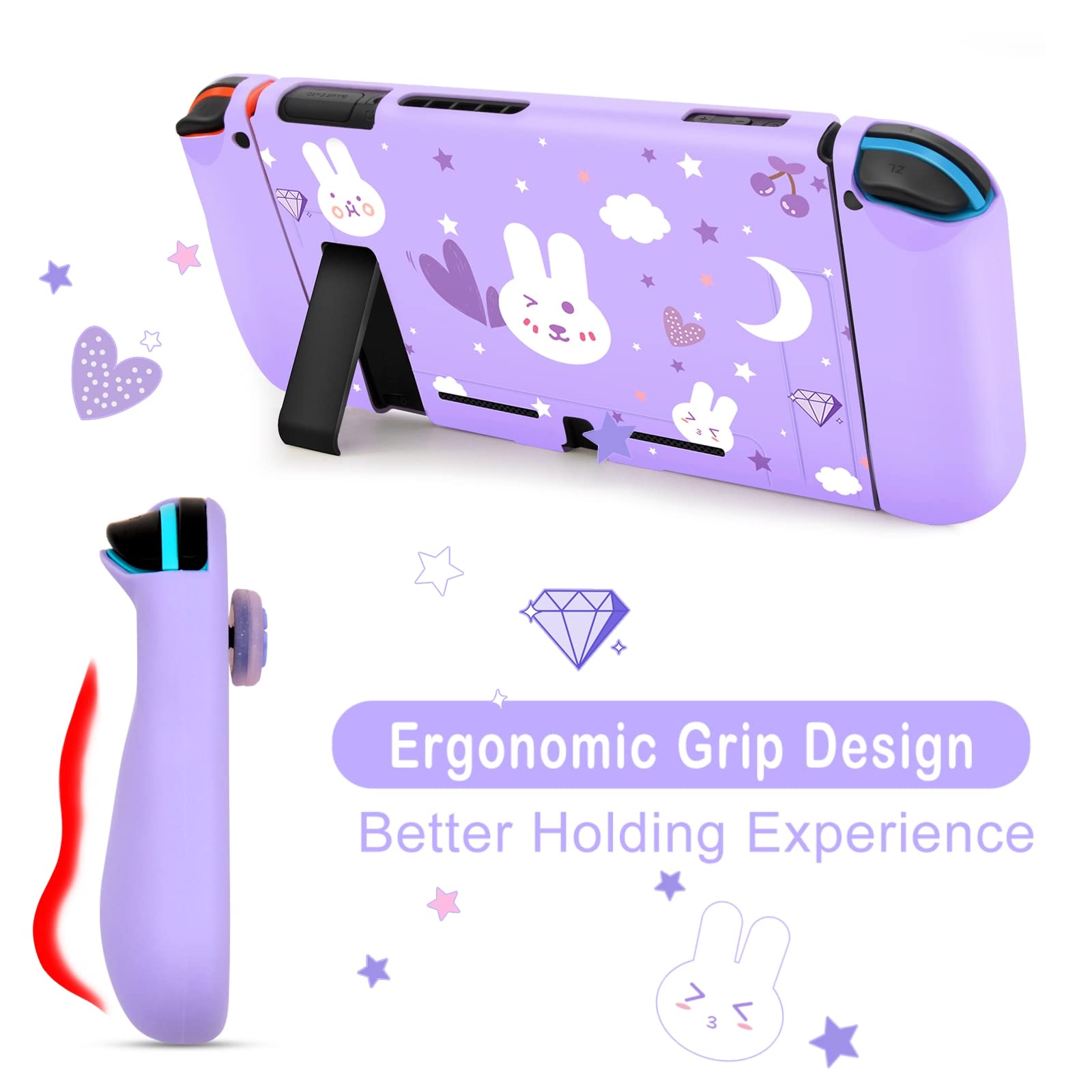 Dockable Protective Case Compatible with Nintendo Switch, Cute Soft TPU Slim Grip Cover for NS & Joy-con Controllers with 2 Cat Paw Thumb Grips Caps, Accessories Christmas Gifts for Girls-Purple Bunny
