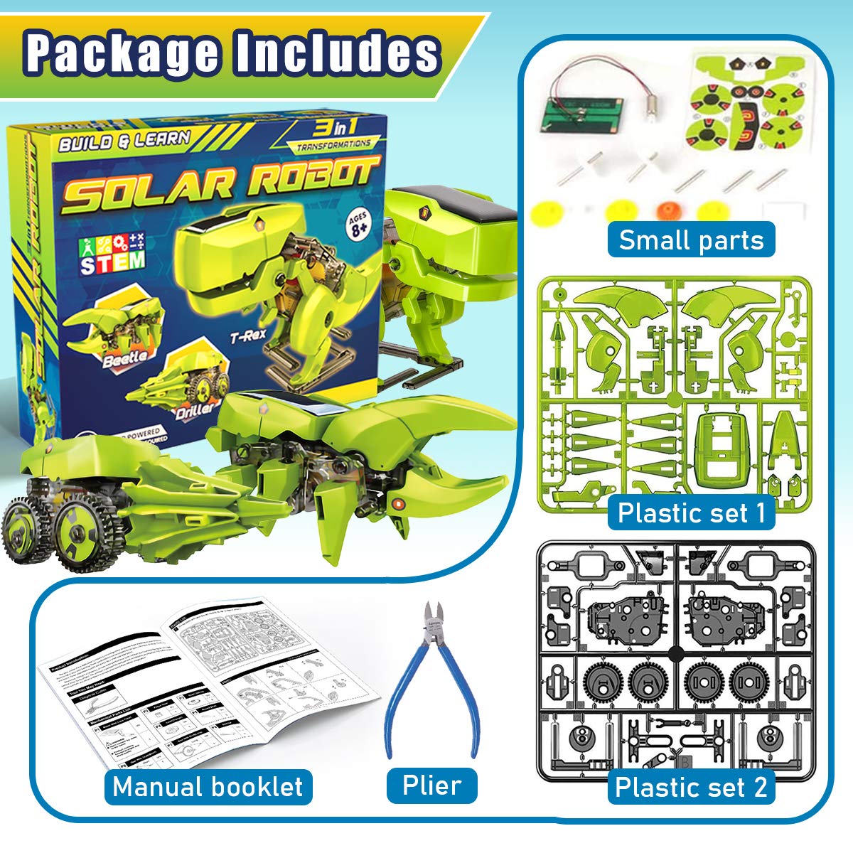 Dinonano Dinosaur STEM Solar Robot Toys for Kids - 3 in 1 Building Games Educational Science Coding Engineering Kit for Boys Ages 5 6 7 8-12 STEM Toys Dinosaur Gift School Family Creative Activities