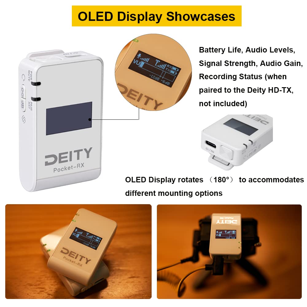 Deity Pocket Wireless Microphones 2.4Ghz Pocket Wireless System Lavalier Microphone with OLED Display for Vlog Video Interview YouTube Facebook Live DSLR Camera Smartphone Tablet (White)