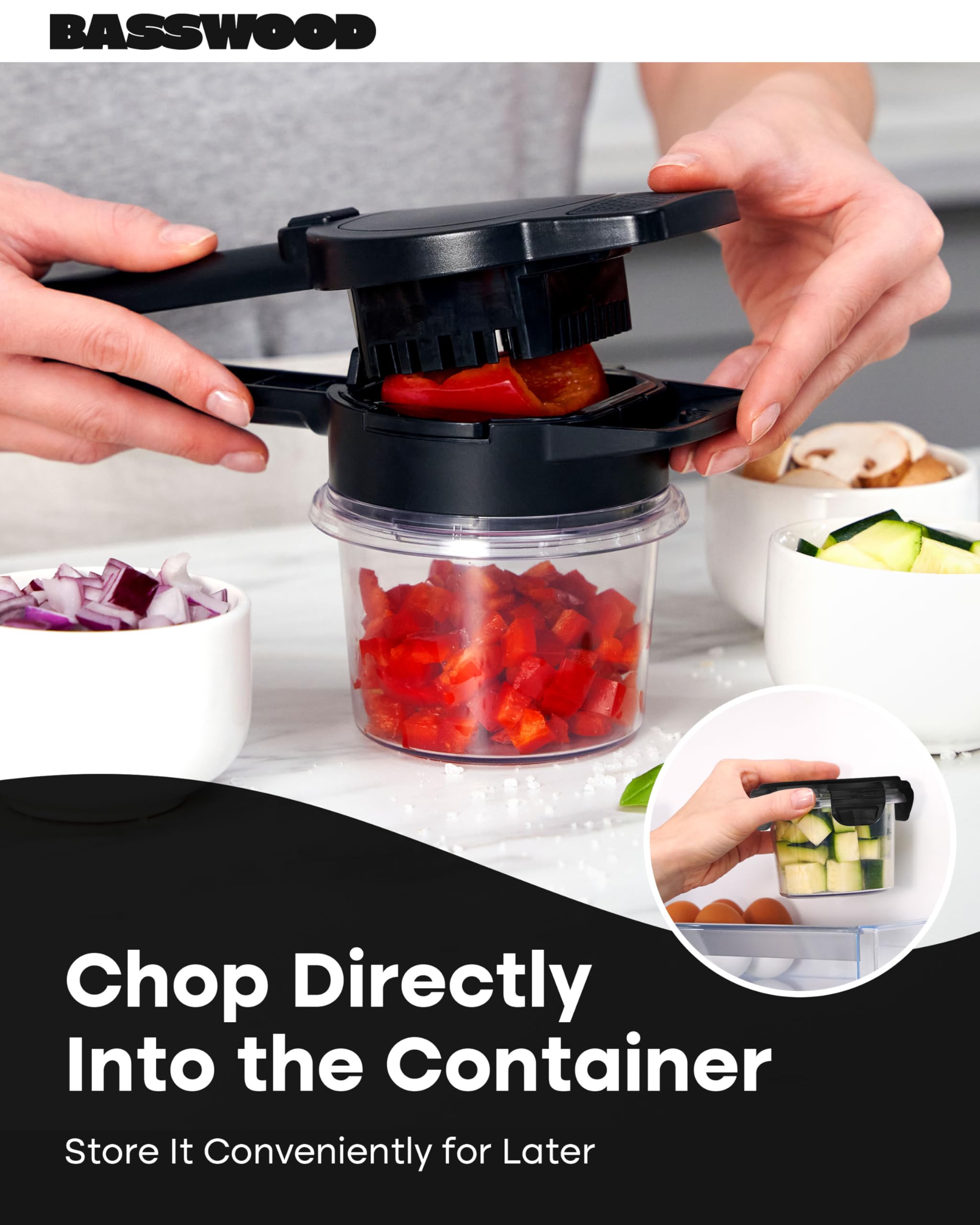 Handy Chopper - Hand Held Veggie, Fruit, & Food Chopper with 4 Blades, Container, & Lid - Manual Vegetable Slicer, Dicer, Cutter for Onion, Salad & More - Dishwasher Safe Onion chopper Kitchen Gadget