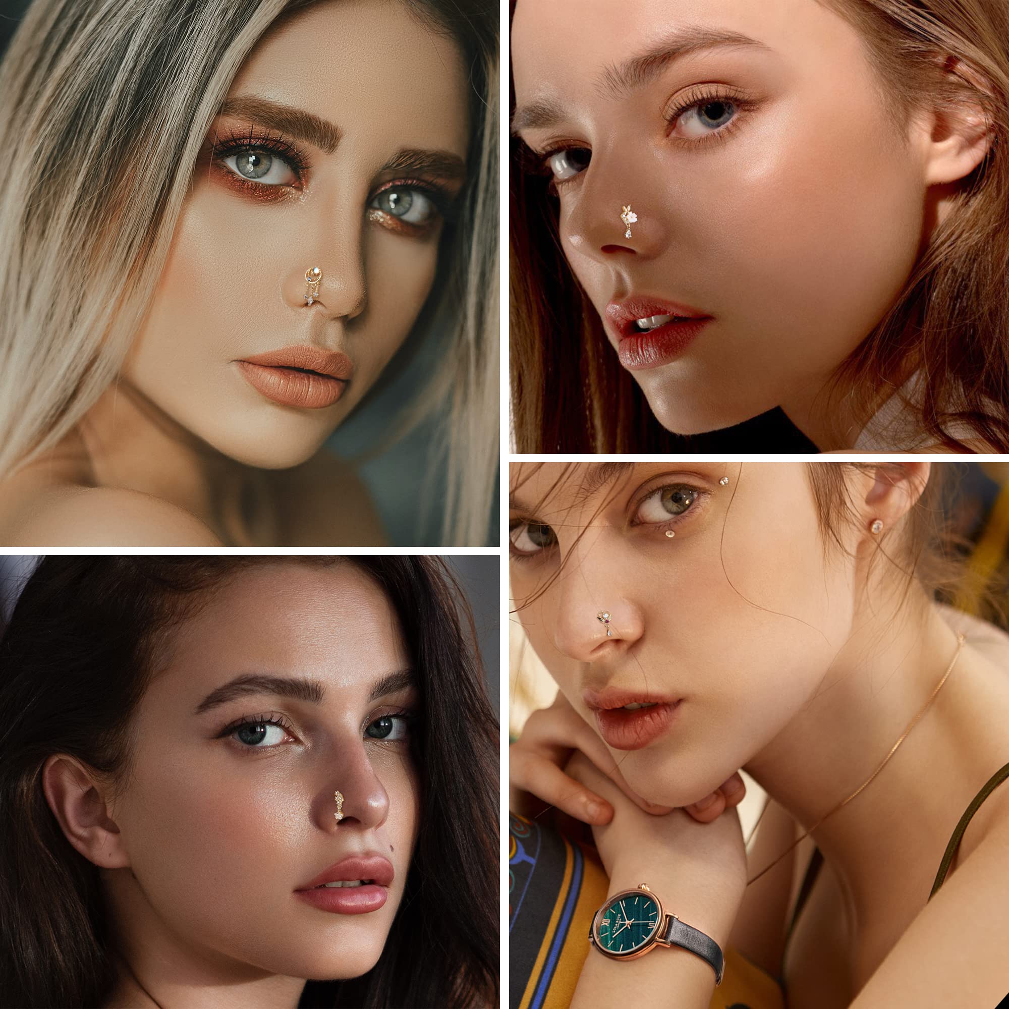 Florideco 9Pcs 20G Dangle Nose Rings Studs for Women Dangle Nose Ring Studs Stainless Steel L Shaped Nose Studs Heart Blue Planet CZ Dangling Nose Piercing Jewelry Gold