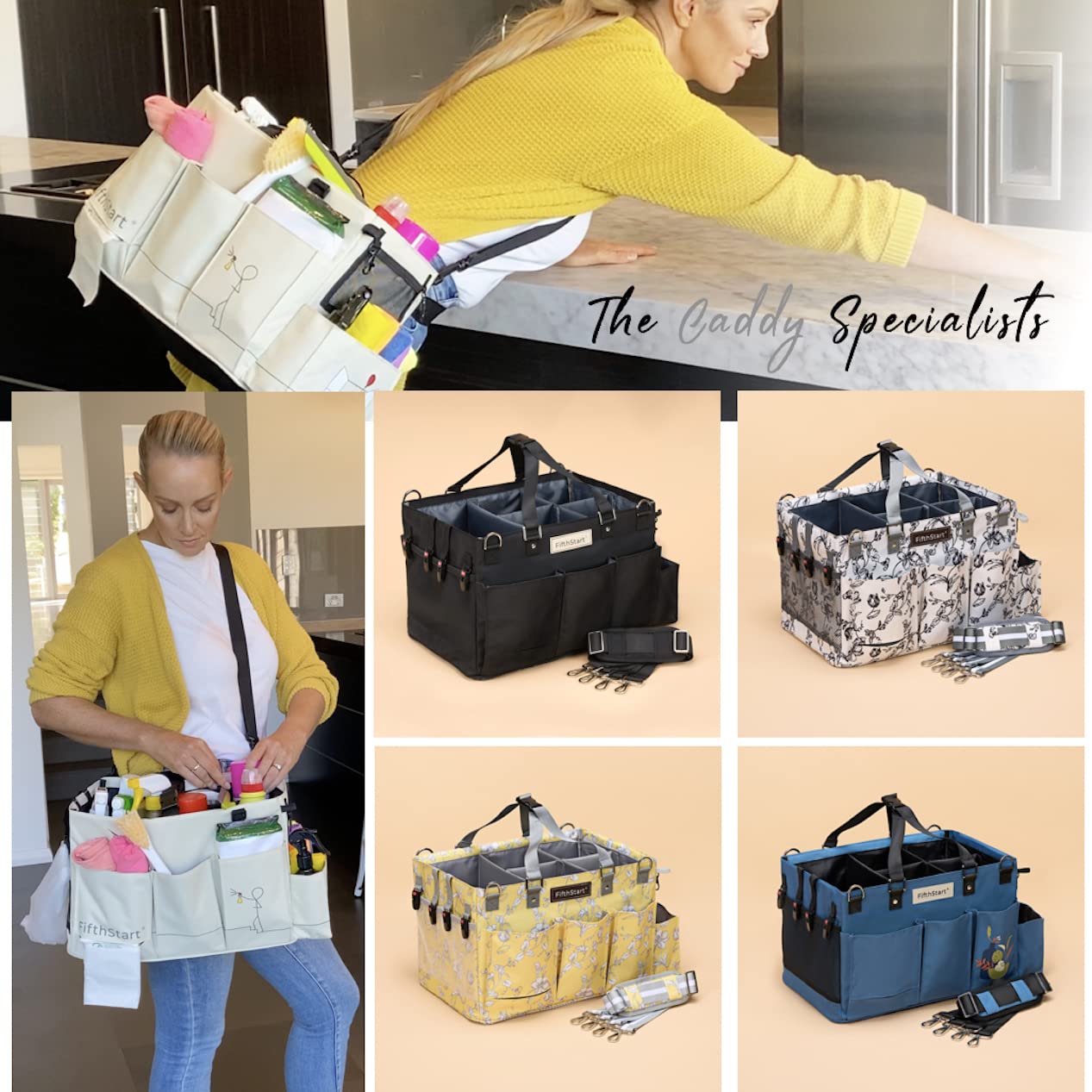 FifthStart Wearable Cleaning Caddy, A Cleaning Supplies Organizer With 4 Corner Shoulder Strap & Removable Waist Strap. Professional Cleaning Caddy Organizer With Handle: (Black, X-Large)