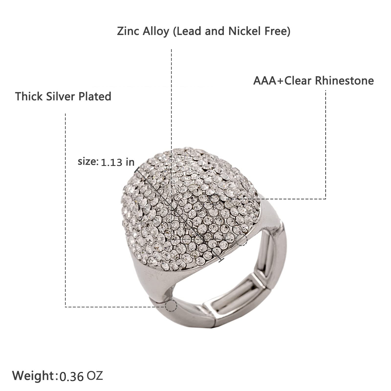 Ecesha Silver Cluster Crystal Oval Sparkly Crystal Adjustable Stretch Chunky Rings for Women Simple Costume Ring for Women (Style C)