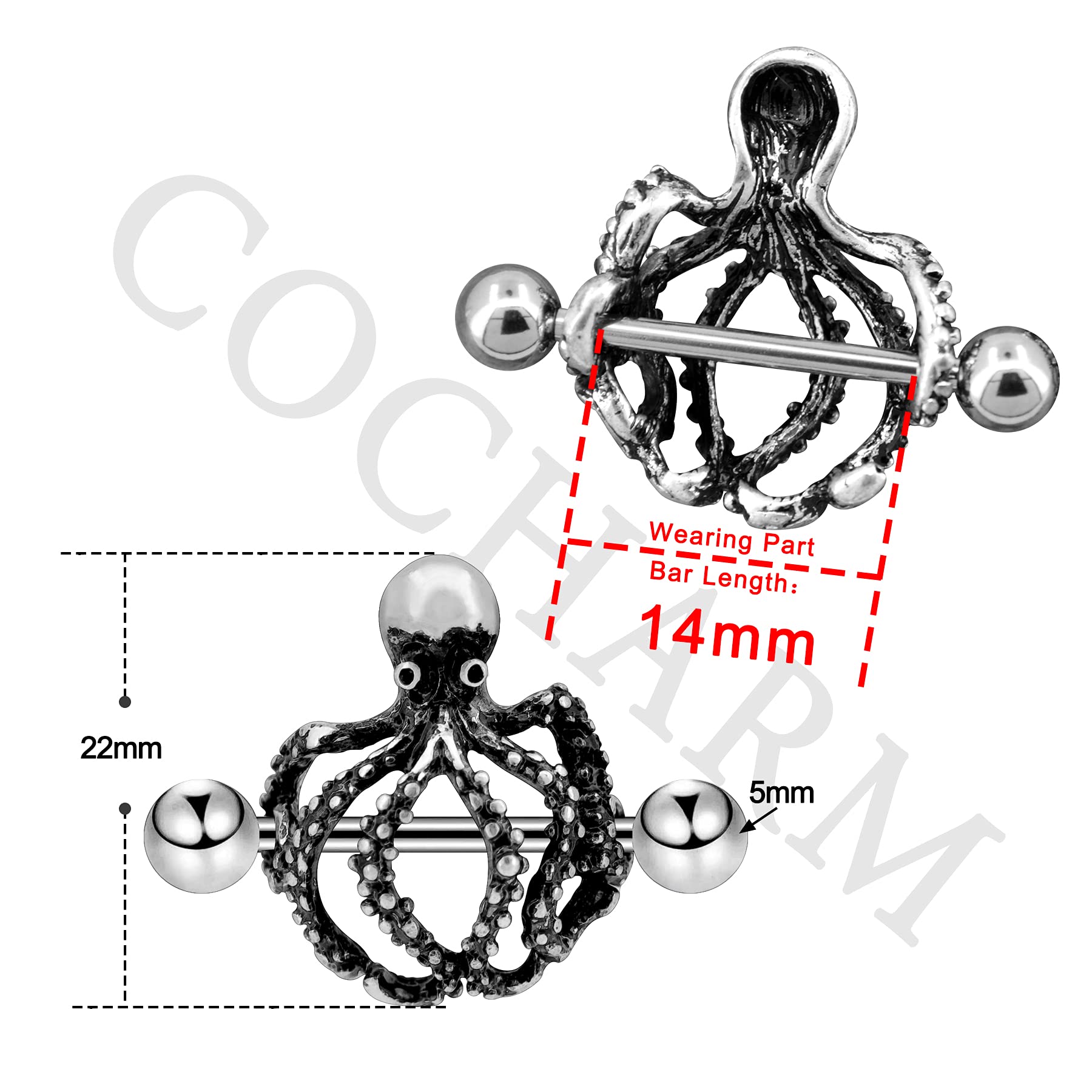 COCHARM 2PCS 14G Octopus Nipple Rings Nipple Piercing Jewelry for Women 14mm Short Nipple Shield Stainless Steel