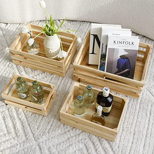MACVAD Set of 4 Large Wooden Crates Unfinished Office Storage Crates, Decorative Wood Storage Crates for Display, Rustic Pine Wood Organizer Bin Basket for Kitchen Pantry Bathroom