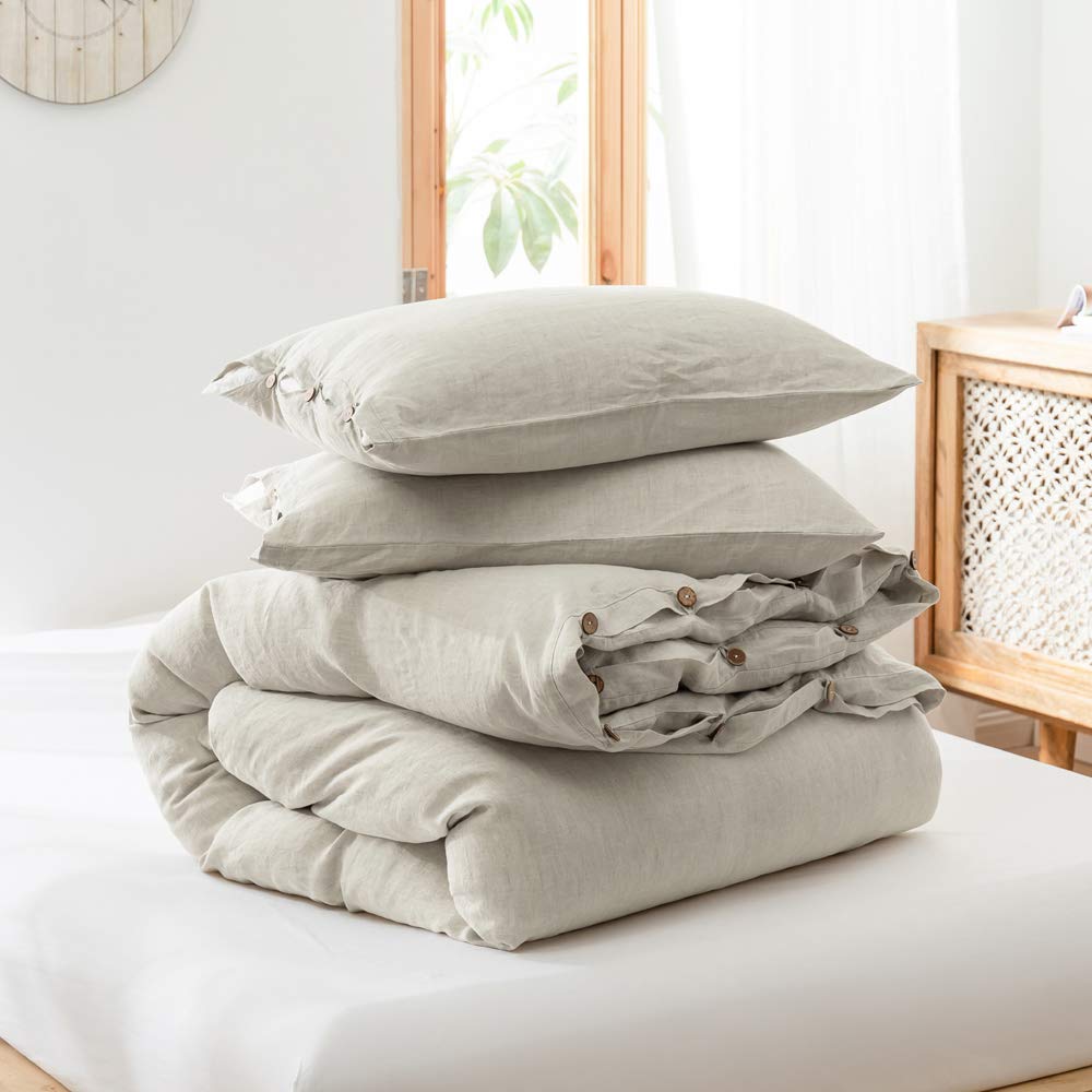 Simple&Opulence 100% Linen Duvet Cover Set, 3 Pieces Belgian Flax Breathable Bedding, 1 Comforter Cover+2 Pillowshams with Coconut Button Closure(King,Linen)