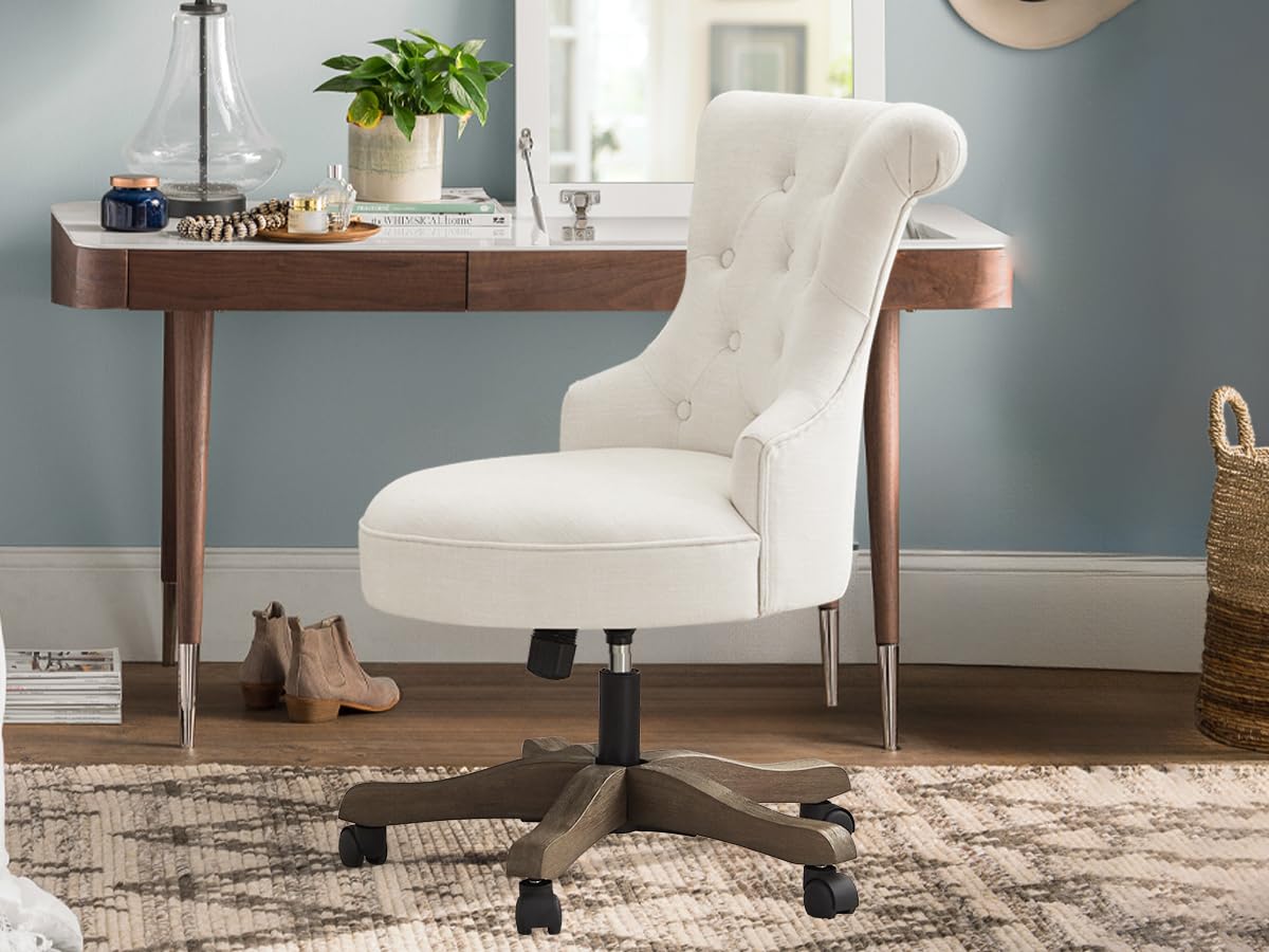 HUIMO Home Office Chair Upholstered Armless Desk Chair with Wheels Adjustable Height Computer Desk Chair with Wooden Legs Comfortable Swivel Chair for Home Office Study Studio (Pink)