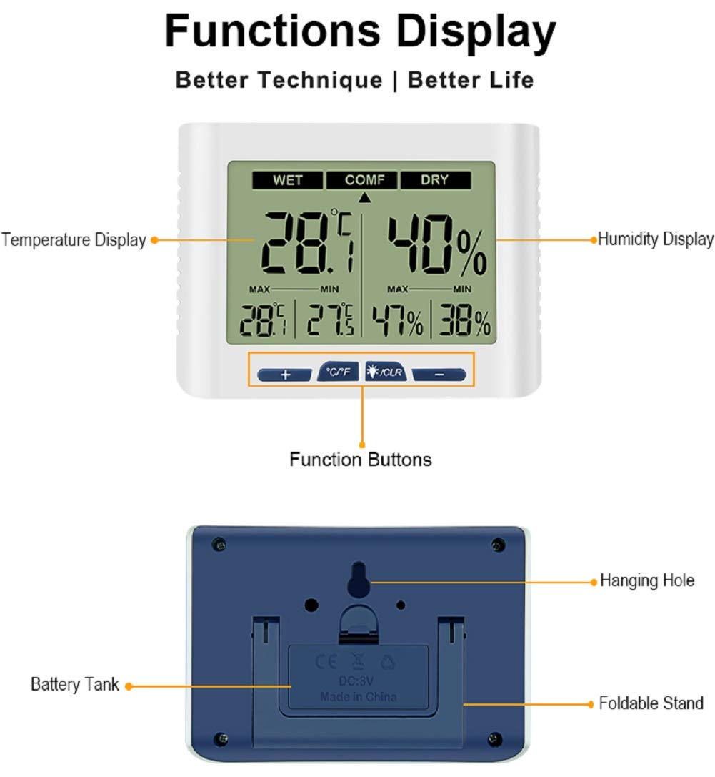 Digital Hygrometer Indoor Thermometer, Temperature Humidity Gauge with Backlit Accurate Monitor Clear Reading, °C/°F Switch, Accuracy Calibration, Max/Min Records, Ideal for Home, Office - White