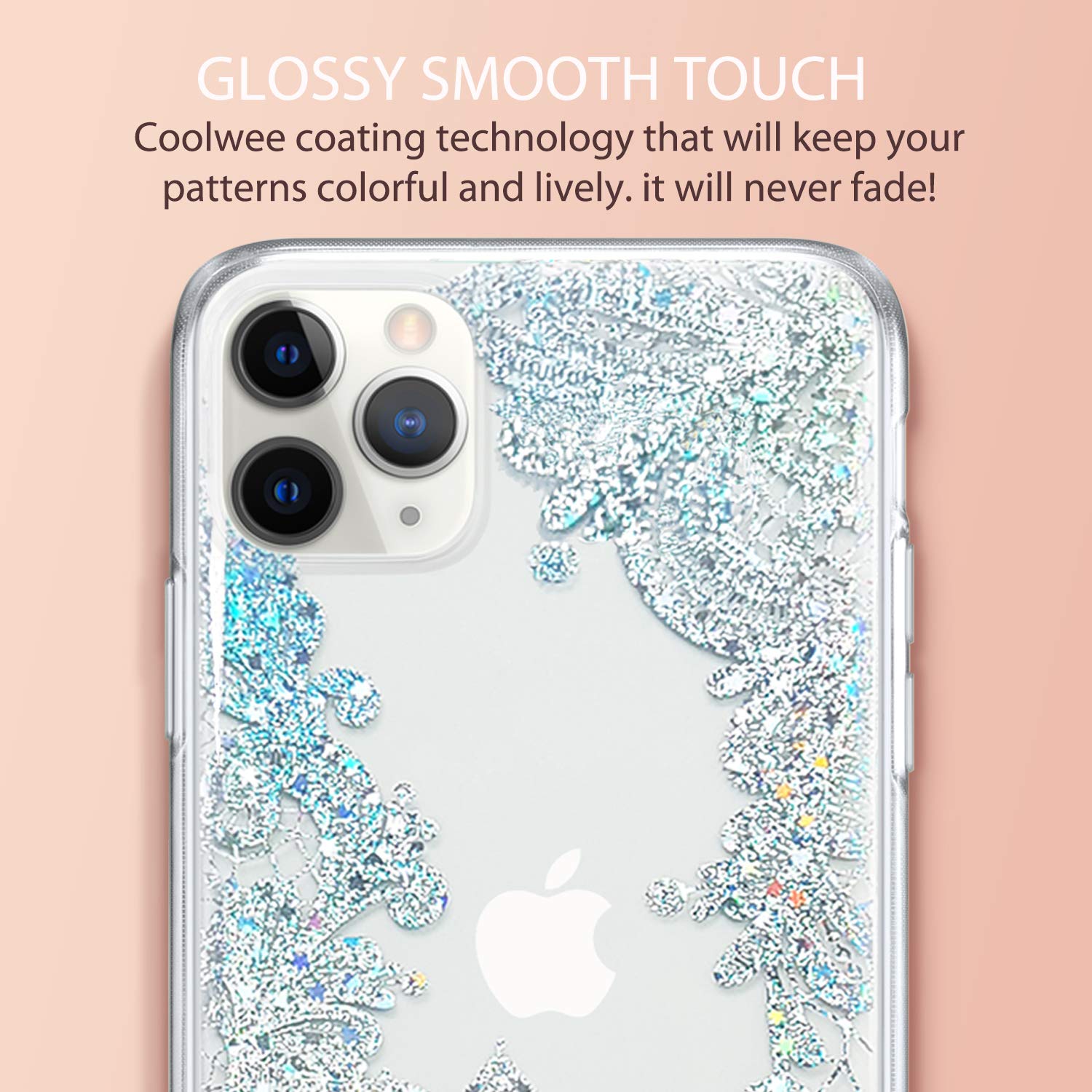 Coolwee Clear Glitter for iPhone 11 Pro Max Case Thin Flower Slim Cute Crystal Lace Bling Women Girl Floral Plastic Hard Back Soft TPU Bumper Protective Cover for iPhone 11 Pro Max Mandala Henna