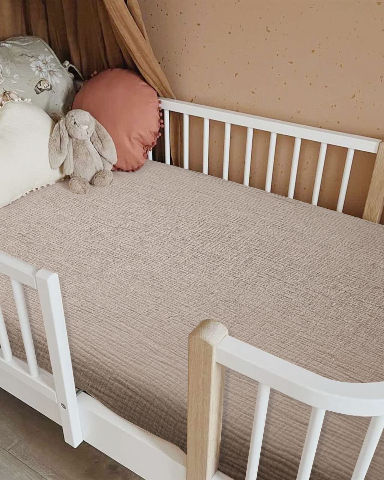 Crib Sheets for Boys Girl, Fitted Baby Toddler Bed Sheets 28" x 52", Neutral Muslin Cotton Crib Mattress Sheet with Boho Style, Soft and Breathable Comfort (Beige)