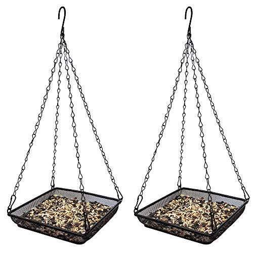 Gray Bunny Hanging Bird Feeder Tray 2 Pack | Durable Steel Hanging Platform Birdfeeder Dish with 7 x 7 in Tray