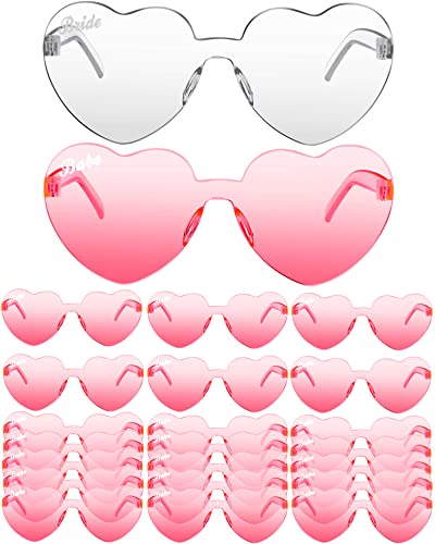 Dunzy 24 Pieces Bride Babe Heart Sunglasses Rimless Heart Shape Sunglasses Bachelorette Sunglasses for Wedding Party