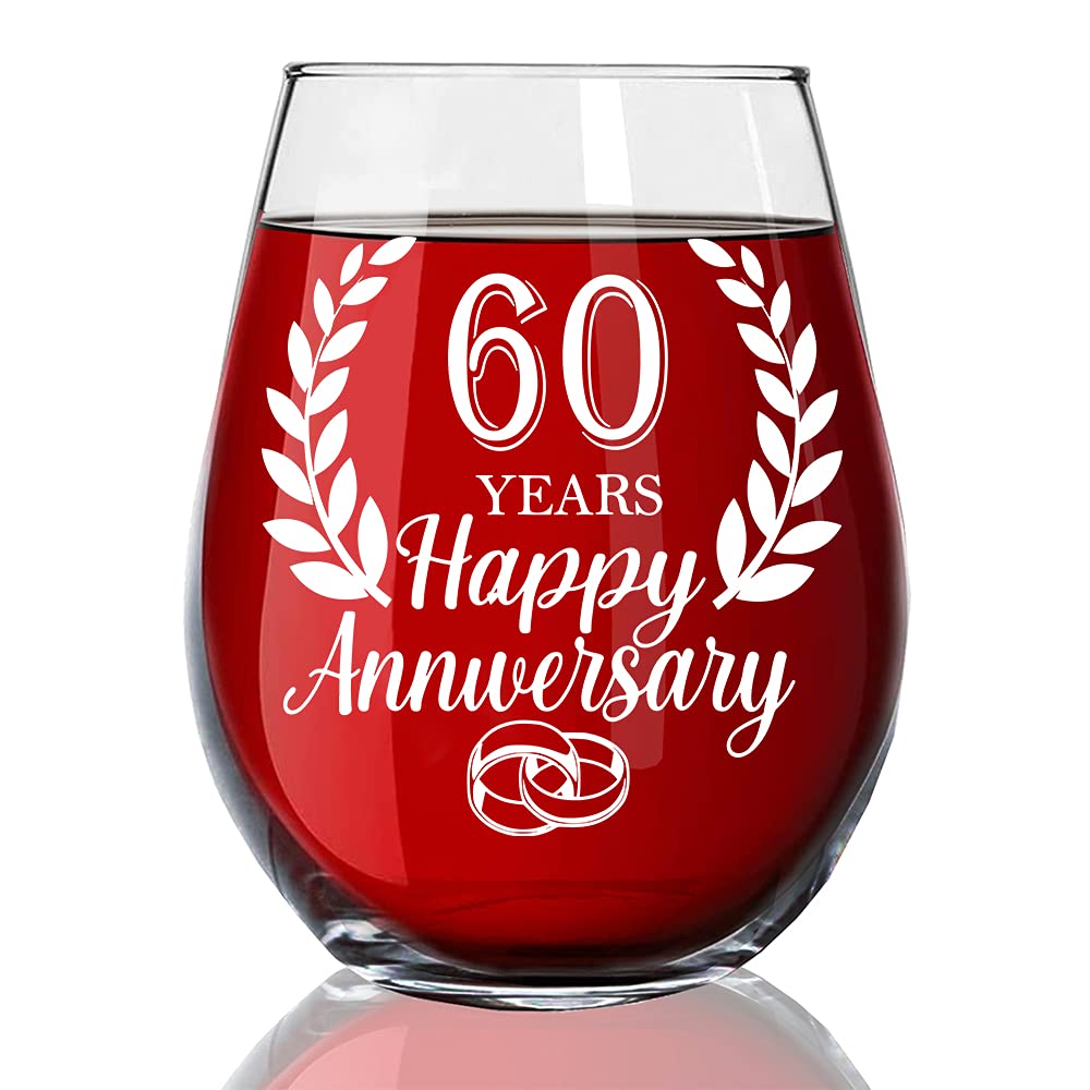 DYJYBMY Happy 60th Anniversary Funny Wine Glass 60th Anniversary Birthday Gifts Ideas for Women Mom Dad Husband Wife 60th Birthday Party Wedding Anniversary Party Favorite Couples Gift