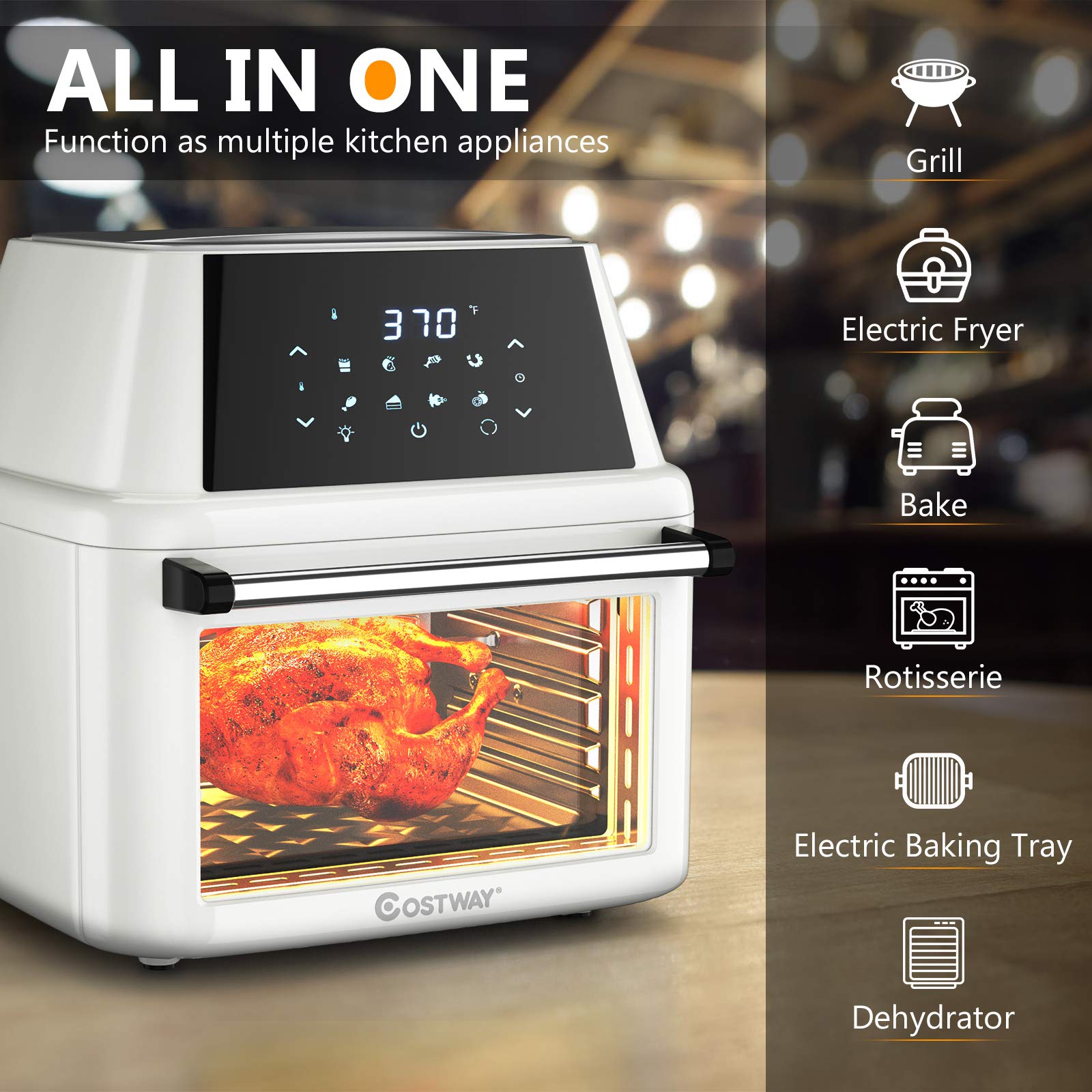 COSTWAY 8-in-1 Air Fryer Oven, Multifunctional Programmable 19QT Cooking Oven with 10 Accessories, Rotisserie, 8 Pre-set Recipe, LED Digital Touchscreen, Viewing Window, 1800W (White)