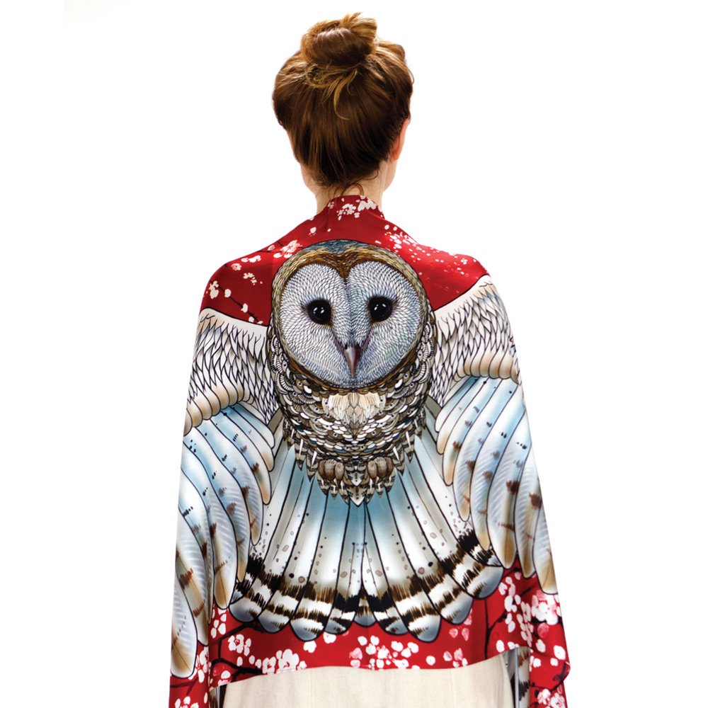 Designer Silk & Cashmere Scarf With Wide Spread Red & White Bird Feather Wings (Cherry Owl)