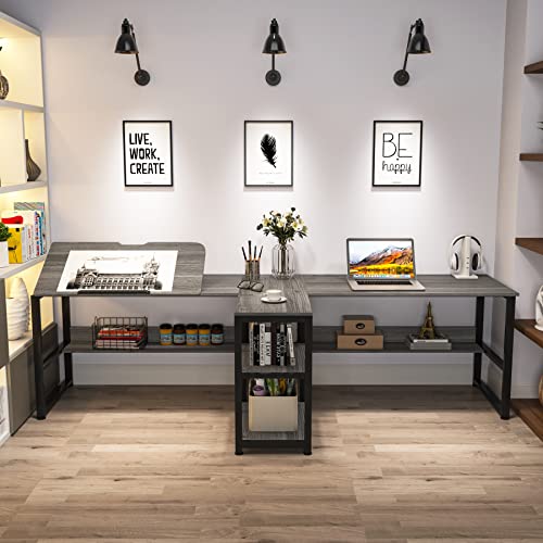 Tribesigns 94.5 inch Two Person Desk with Storage Shelves and Tiltable Tabletop, Double Computer Desk with Printer Shelf, Extra Long Double Workstation Desk Study Table for Home Office (Grey)