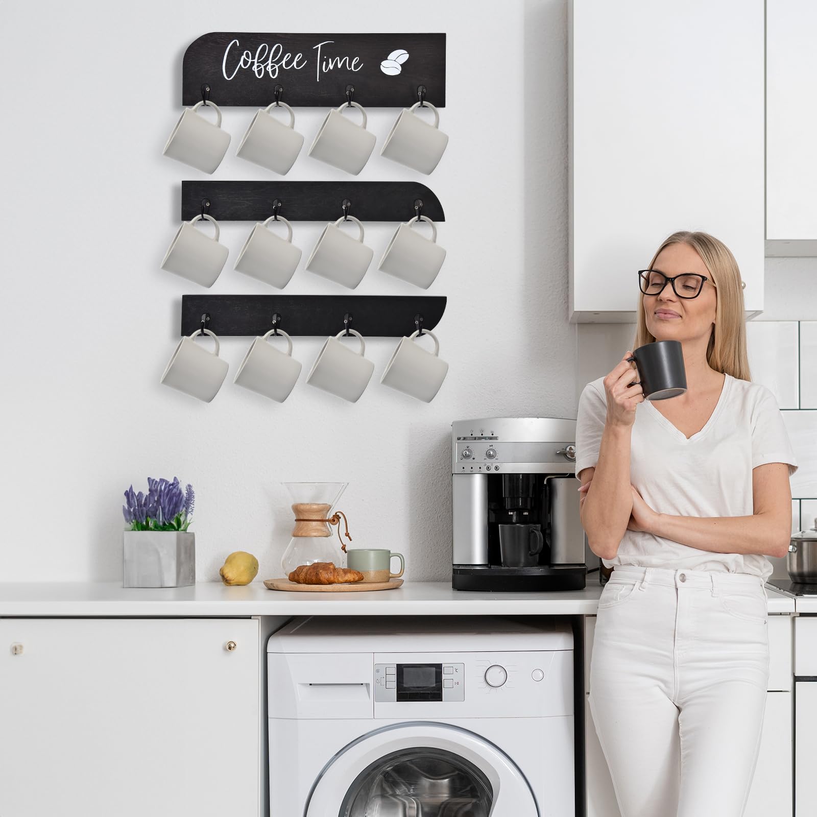 EMAISON Solid Wood Coffee Mug Holder Wall Mounted, Rustic Cup Rack with 12 Hooks Large Space for Big Cups for Kitchen, Home, Coffee Bar Station,Black