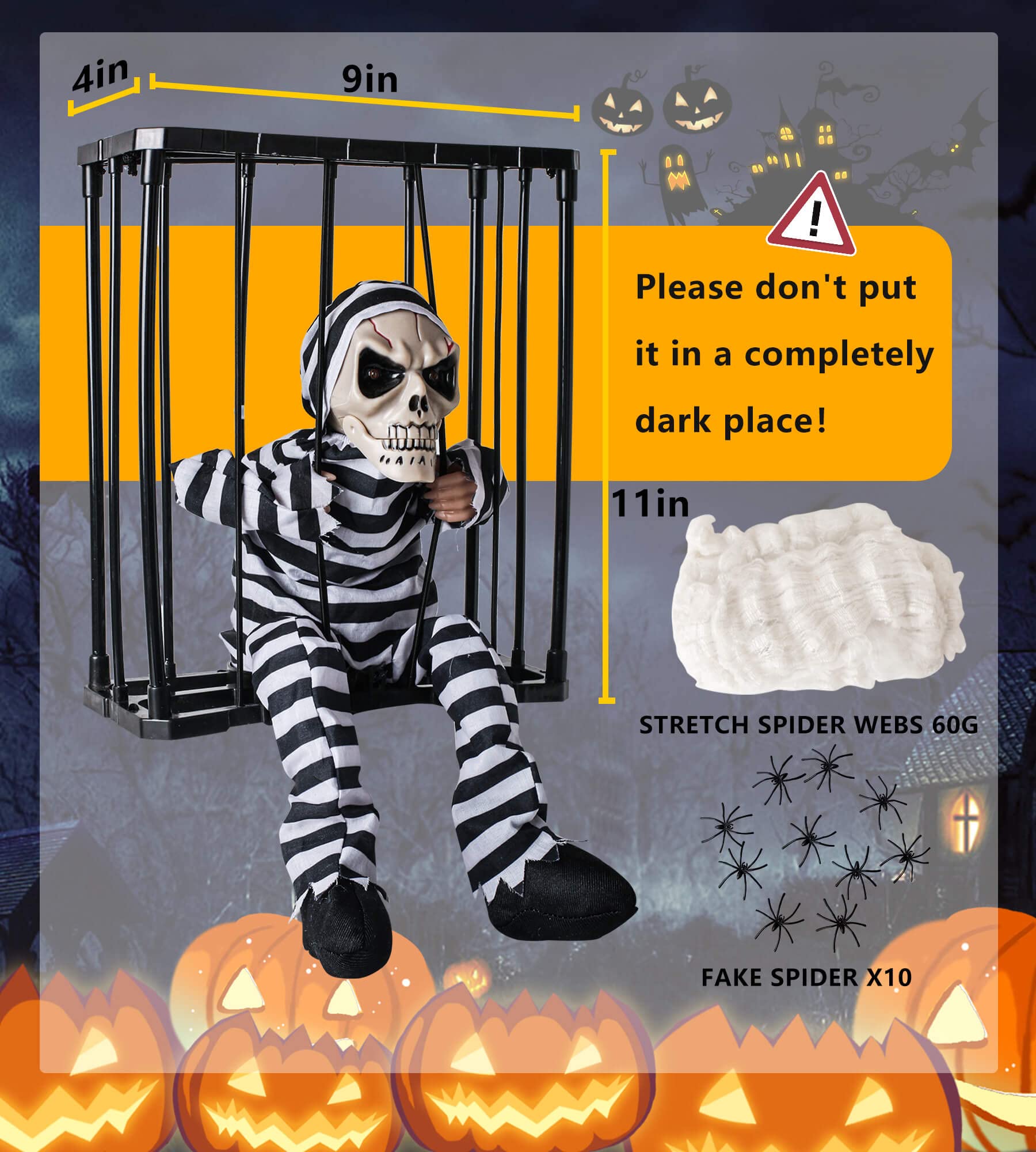 CRILEAL Skeleton Animated Halloween Decorations, Screaming Halloween Decor with Motion Activated & Light Sensor, Spooky Prisoner Cage with Spider Web Haunted House Decorations, Ghost with Hat