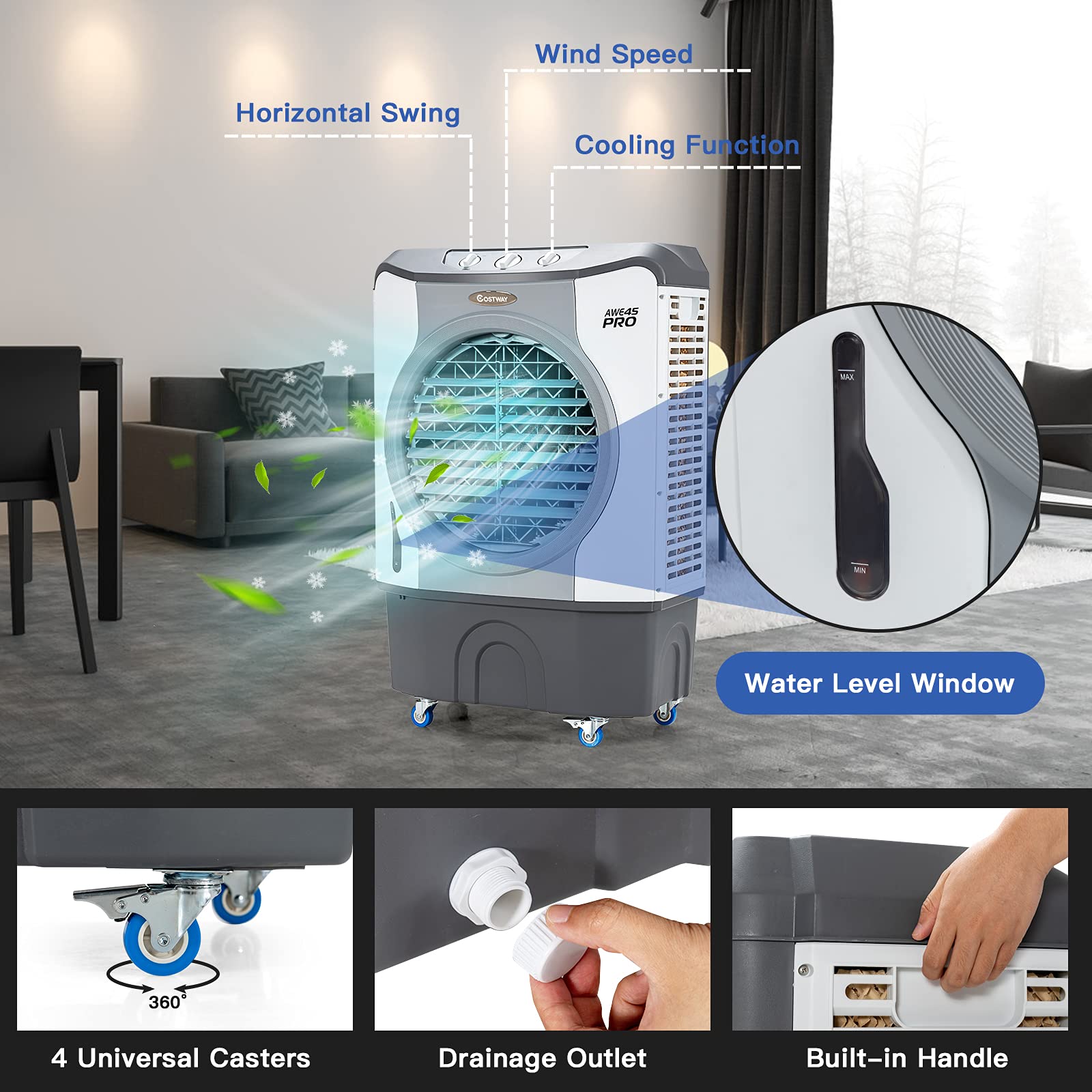 COSTWAY Evaporative Air Cooler, 3450 CFM Swamp Cooler with 100°Oscillation, 210W Cooling Fan, 3 Speeds & 3 Modes Cools up to 1800 Sq. ft, AC Unit with 4 Universal Casters for Indoor & Outdoor