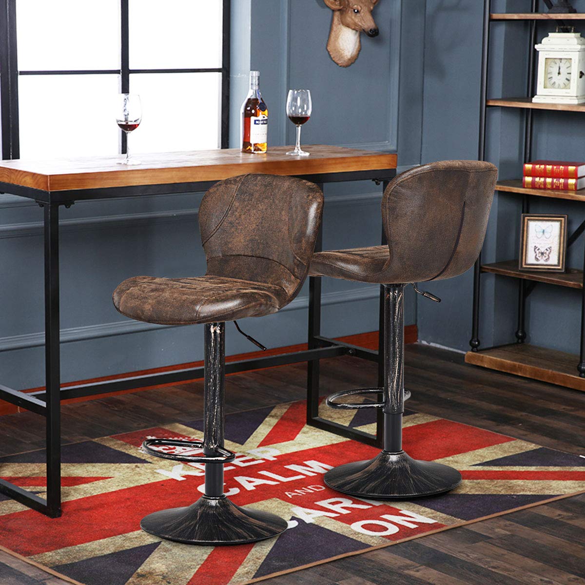 COSTWAY Bar Stools Set of 2, Adjustable Swivel Barstools with Back, Hot-stamping Cloth and Chrome Footrest, Barstools Bar Height Chairs for Kitchen Dining Living Bistro Pub, Retro Brown