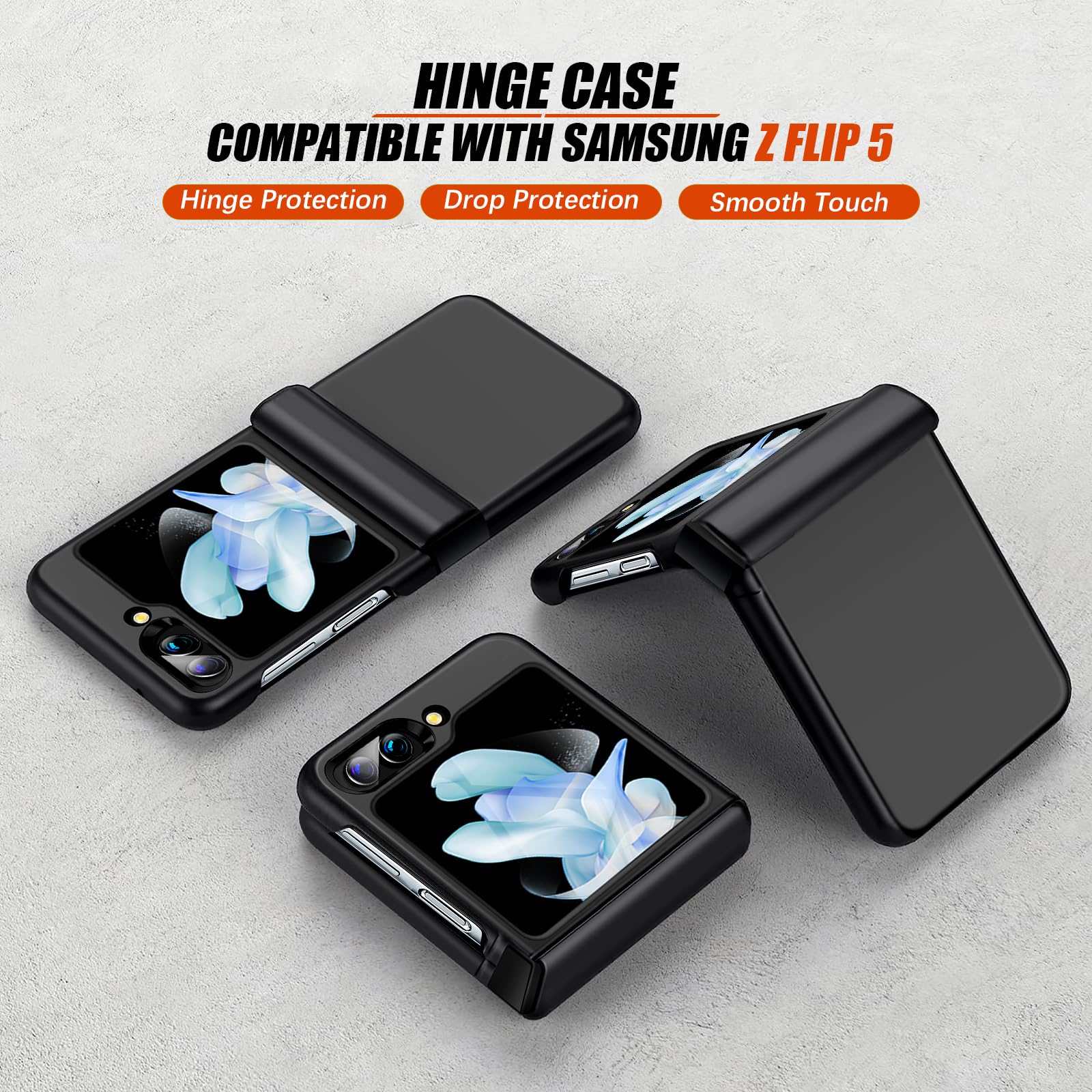 Design for Samsung Galaxy Z Flip 5 5G Case, Ultra Slim Lightweight Galaxy Z Flip 5 Flip Case PC Material Hard Hinge Protection Cover for Samsung Z Flip 5 Phone Case Support Wireless Charging (Black)