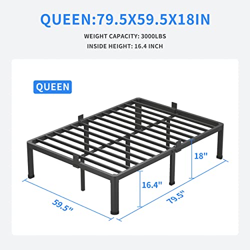 MAF 18 Inch Queen Bed Frames with Round Corner Legs Mattress Slide Stopper No Box Spring Needed Heavy Duty Metal Platform Bed Frame Under-Bed Storage Space, 3000 LBS Steel Slats Support