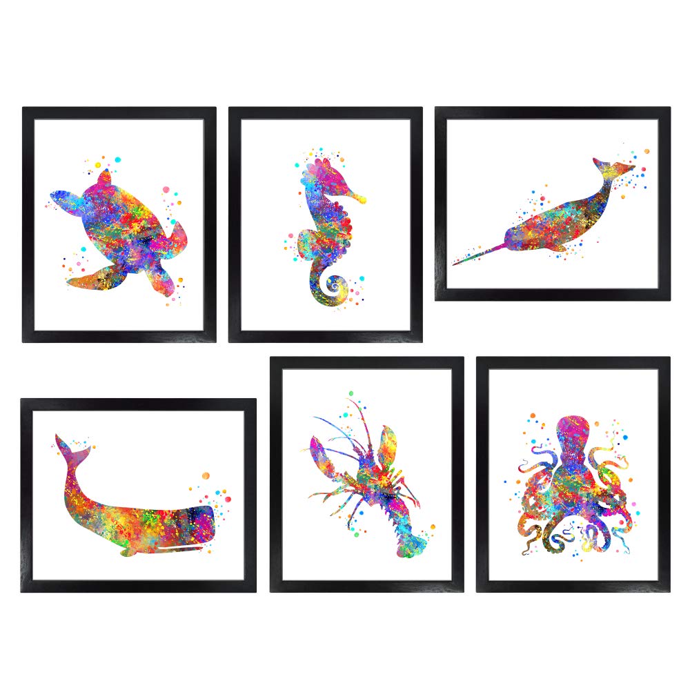 Dignovel Studios Unframed (Set of 6) 8X10 Ocean life Wall Art Print Watercolor Sea Turtle Sea Horse Whale Lobster Octopus Print Set kids Room Decor dnc7