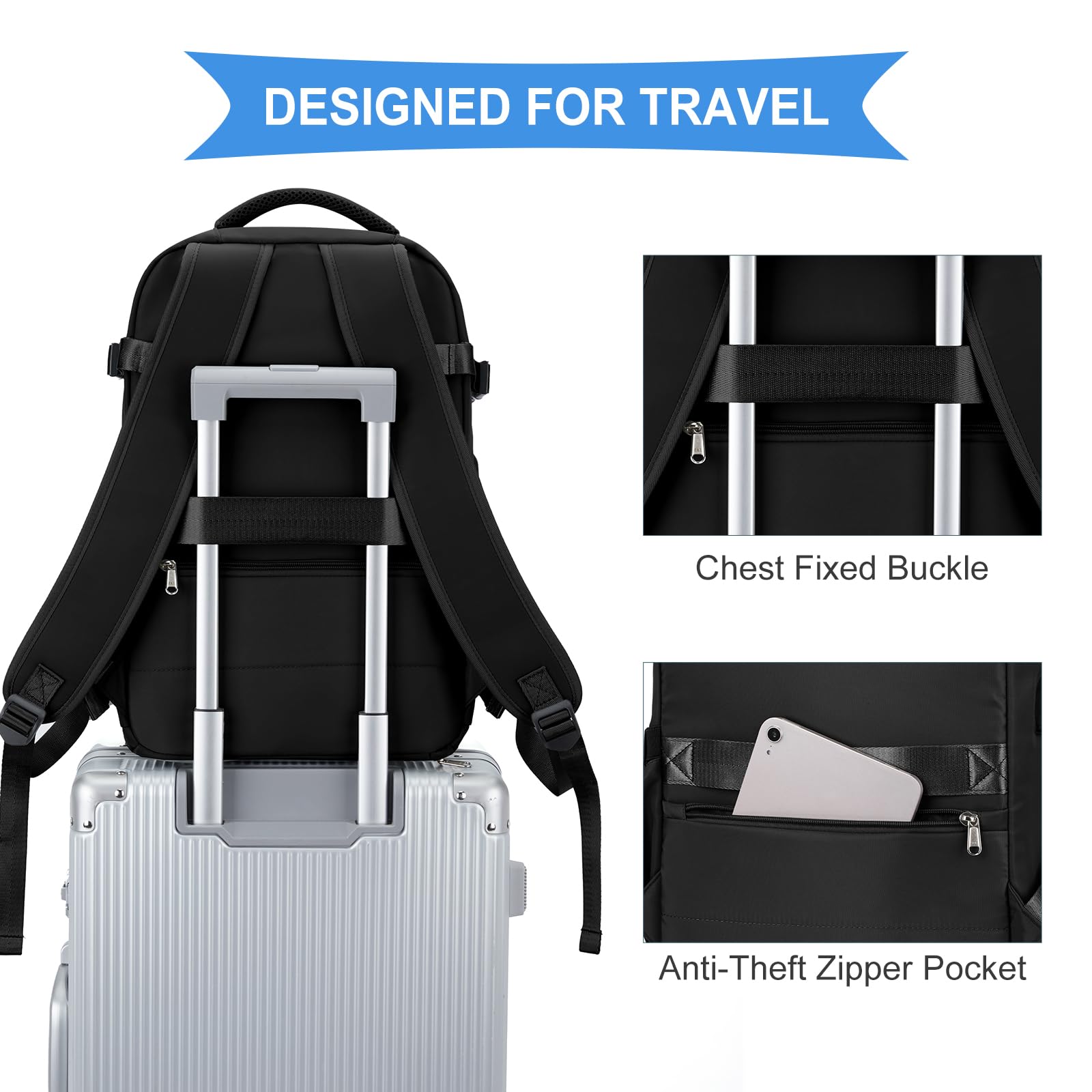 coowoz Large Travel Backpack For Women Men,Carry On Backpack,Hiking Backpack Waterproof Outdoor Sports Rucksack Casual Daypack Travel Essentials(Black Minimalist)